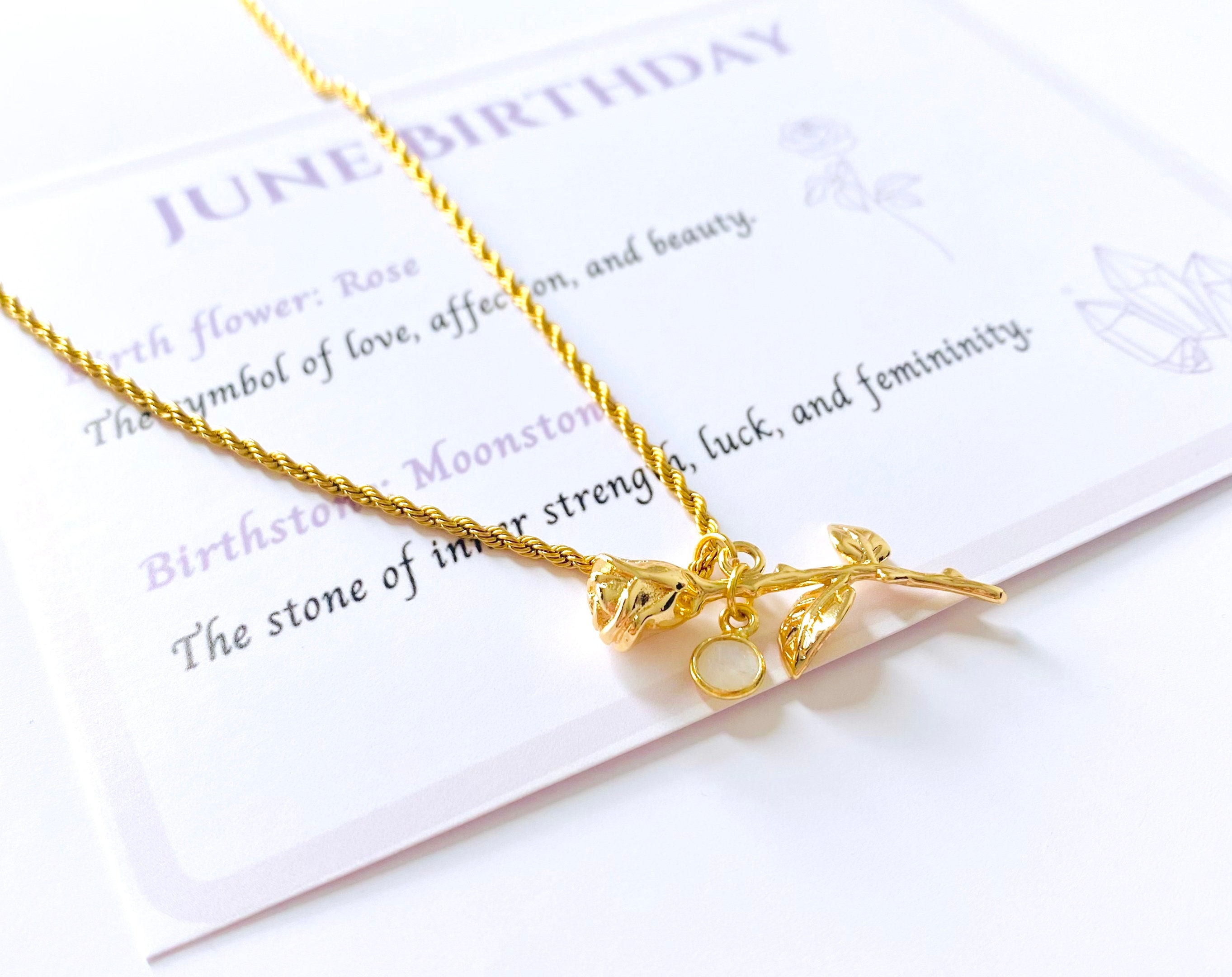June Birth Flower & Genuine Birthstone Necklace, 18K Gold-plated Rose ...