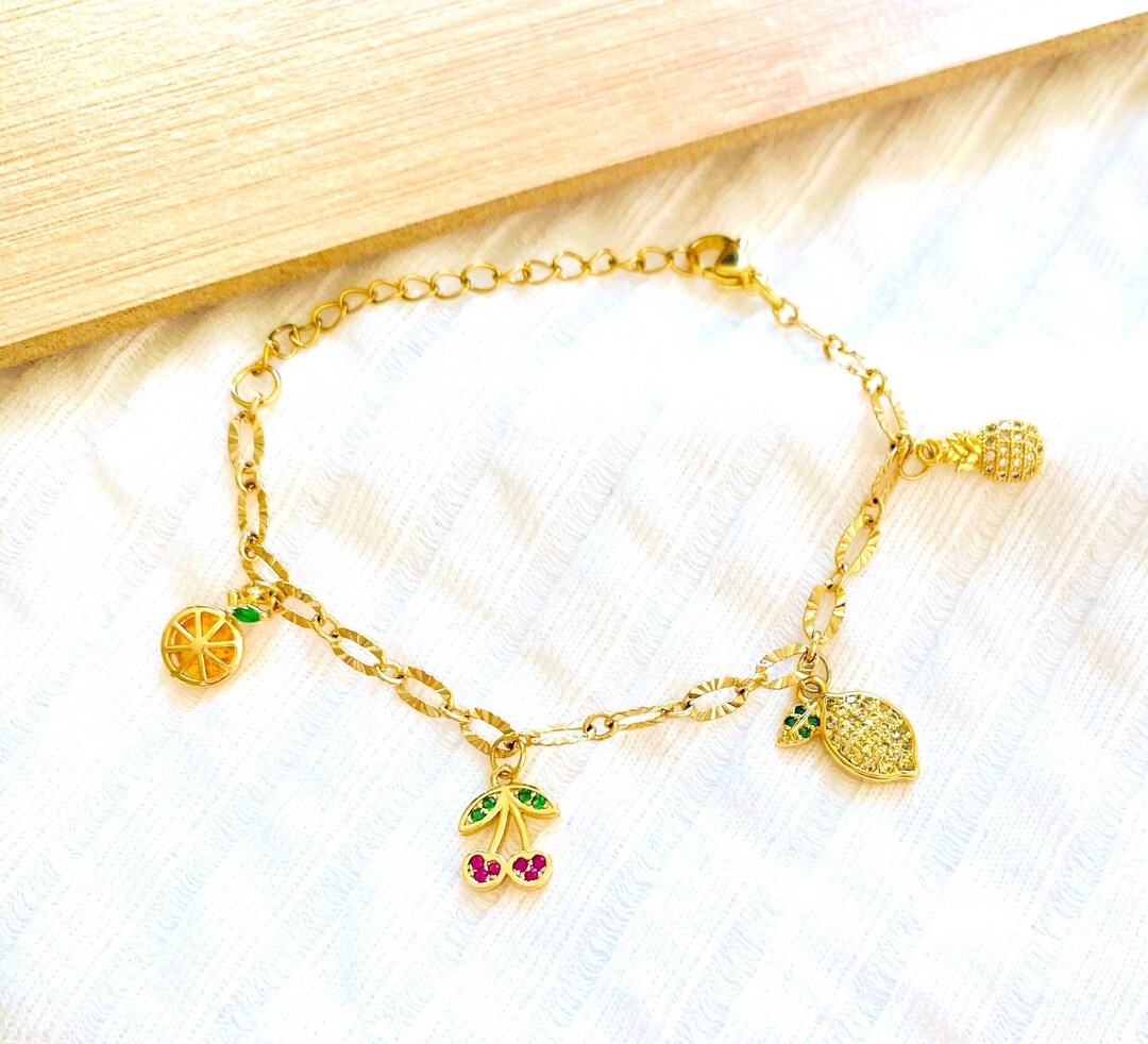 Small Fruit Mix Charm Bracelet, 18K Gold-plated Summer Fruits Bracelet ...