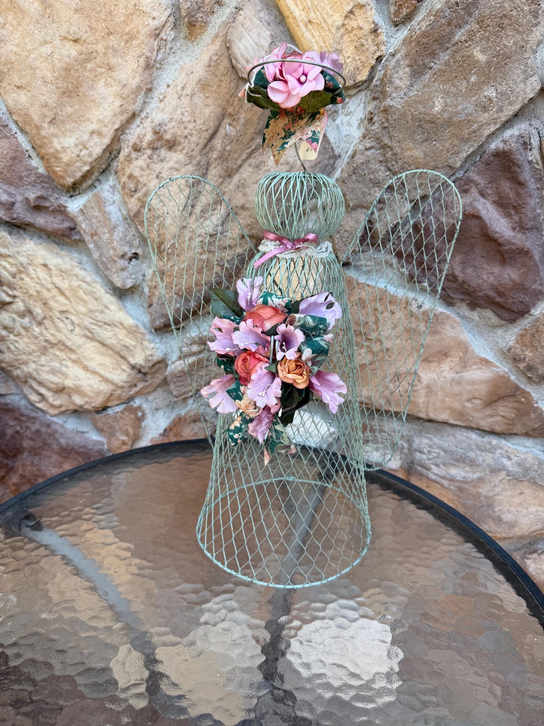 Vintage Angel Tree Topper Green Wore Mesh With Faux Flowers 18” - Etsy