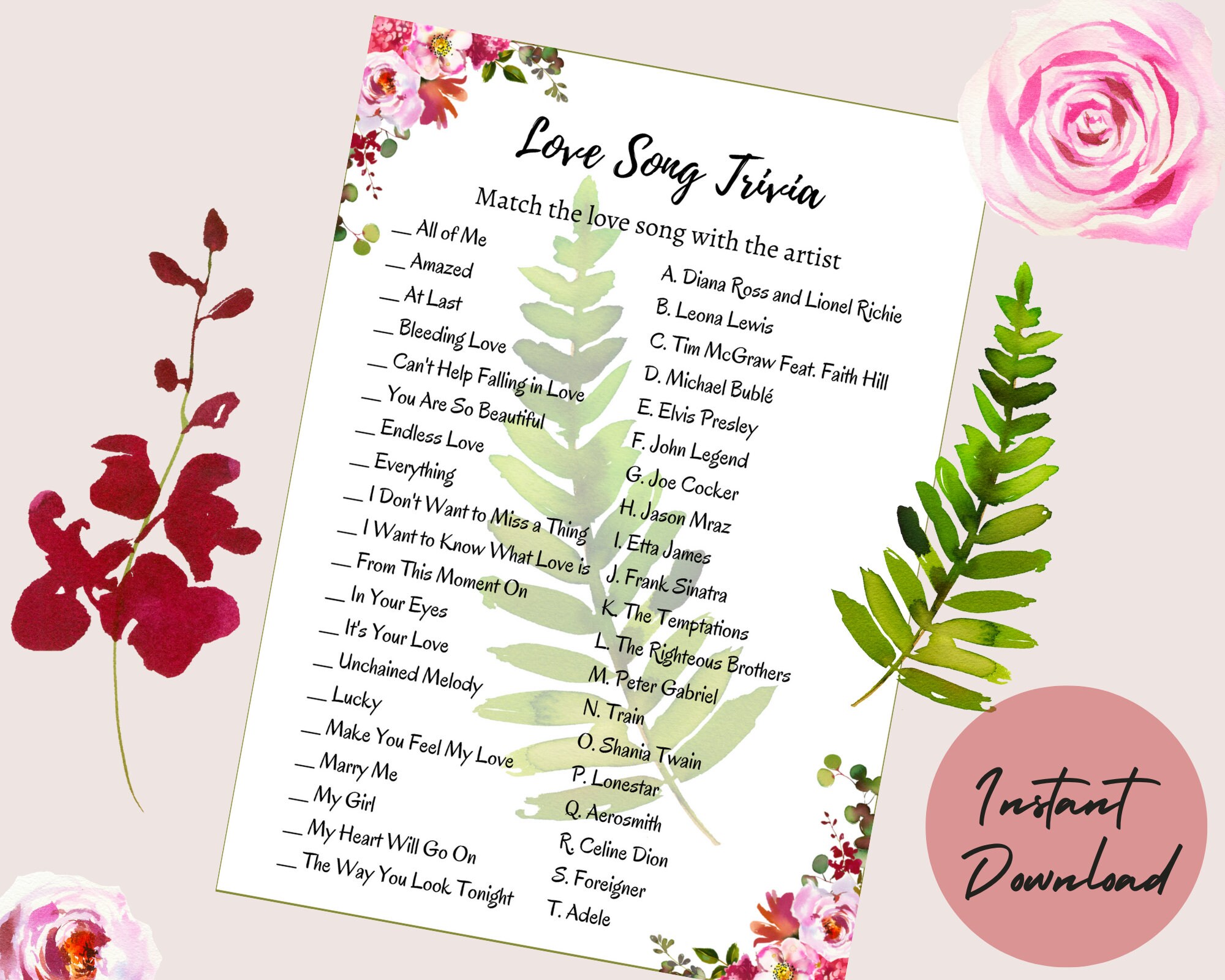 Love Song Trivia, Instant Printable, Bridal Shower Game - Etsy