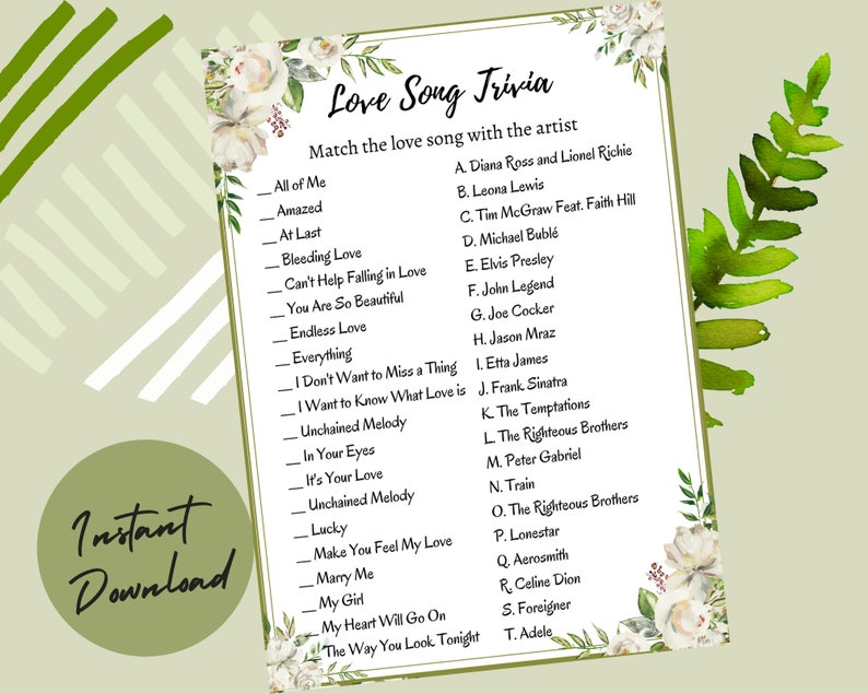 Love Song Trivia, Bridal Shower Game, Floral, Instant Download - Etsy