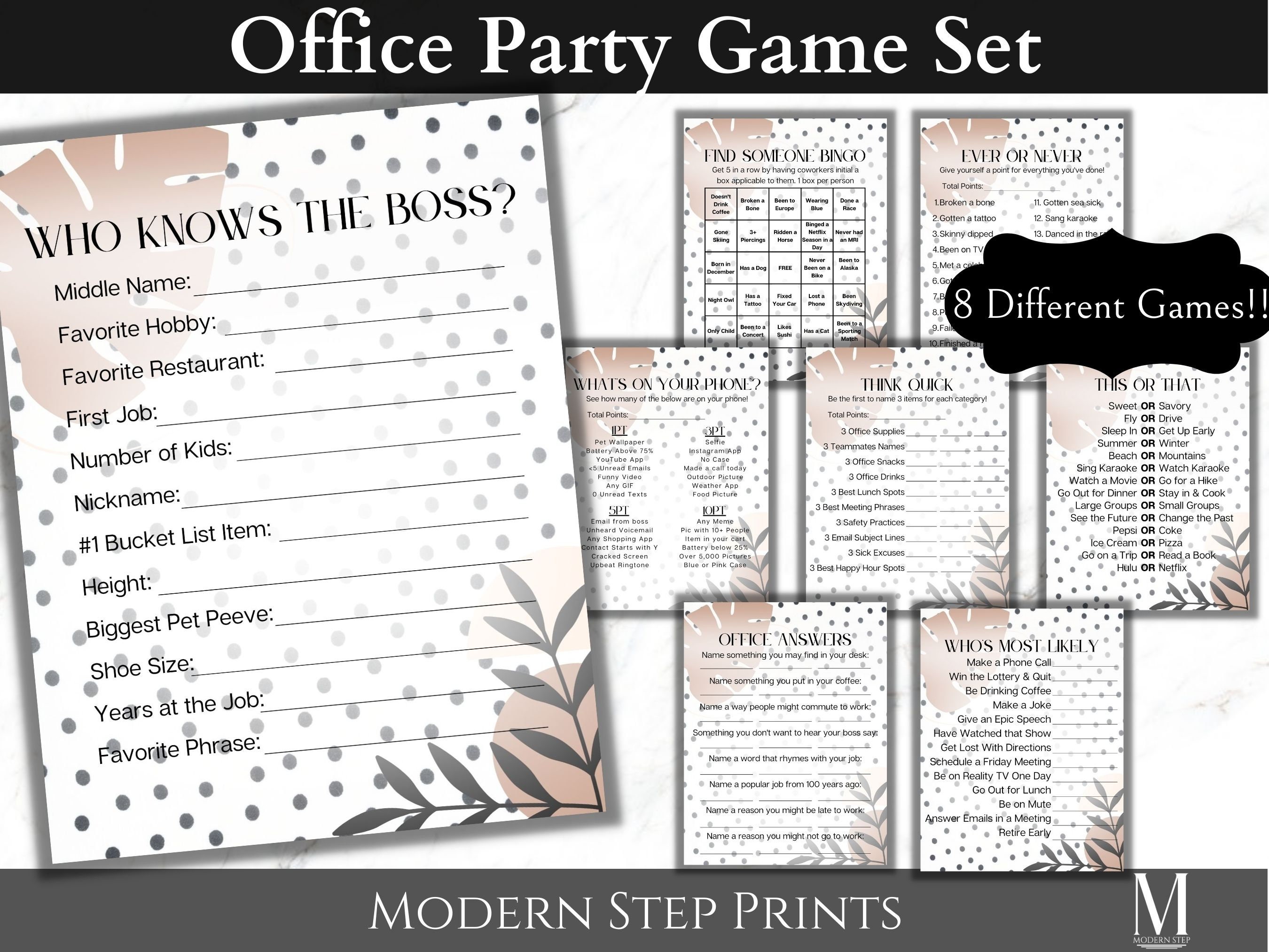 Office Party Game Set of 8, Neutral Colors, Minimalist Work Games ...
