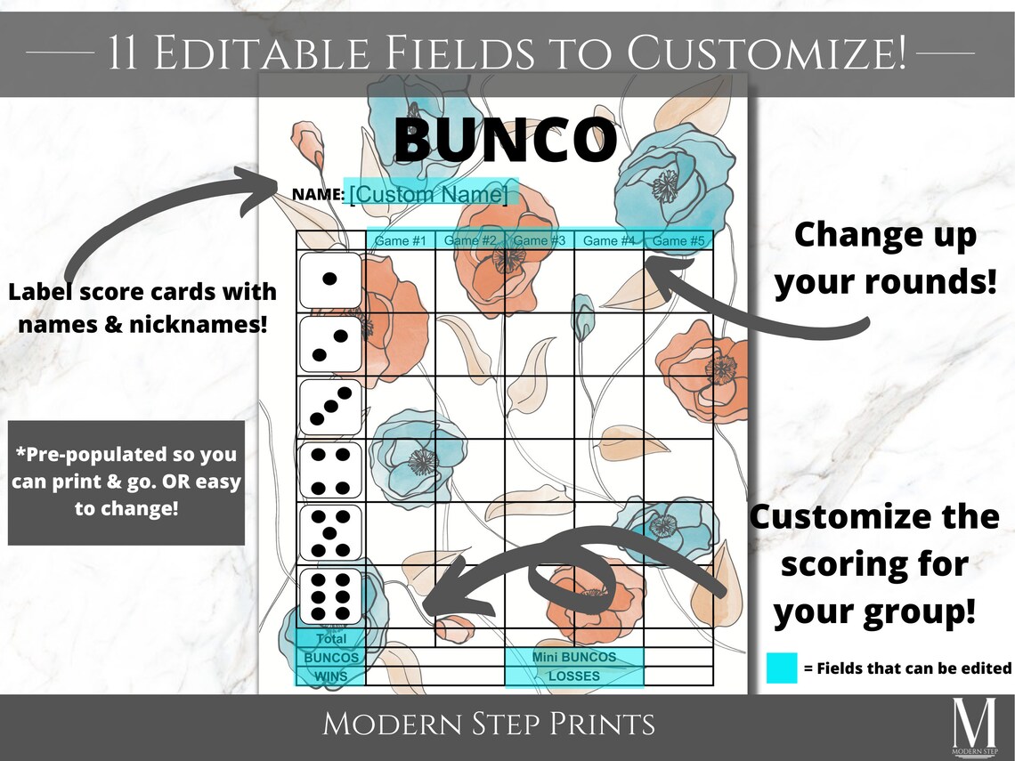 Editable Bunco Score Card, Printable Scoresheet, Blue and Orange Flower ...