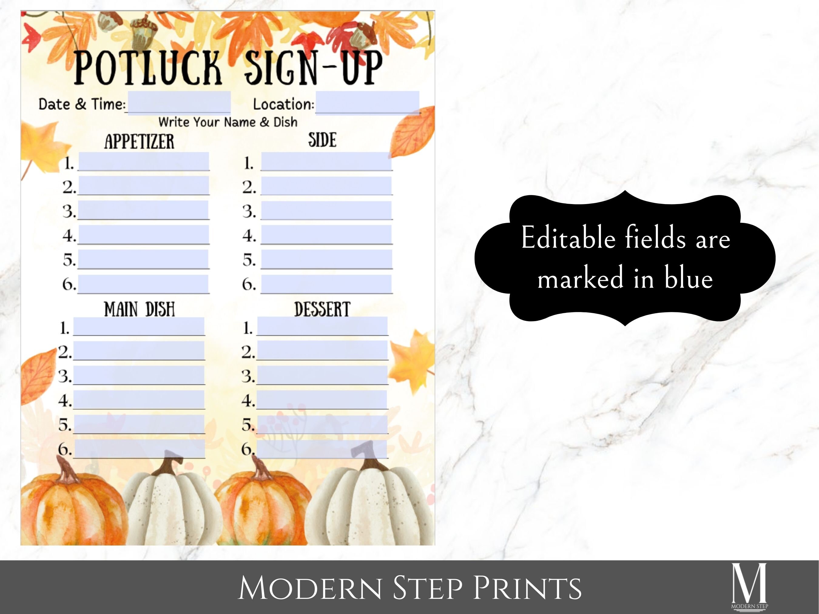 Hoja de registro de Potluck imprimible de Acción de Gracias, editable y ...
