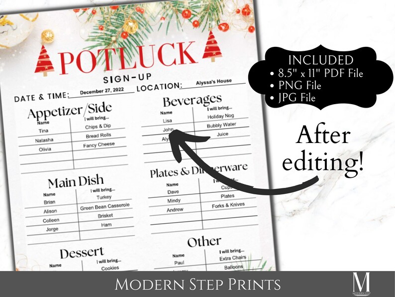 Christmas Potluck Sign up Sheet, Editable & Fillable, PDF, Family ...