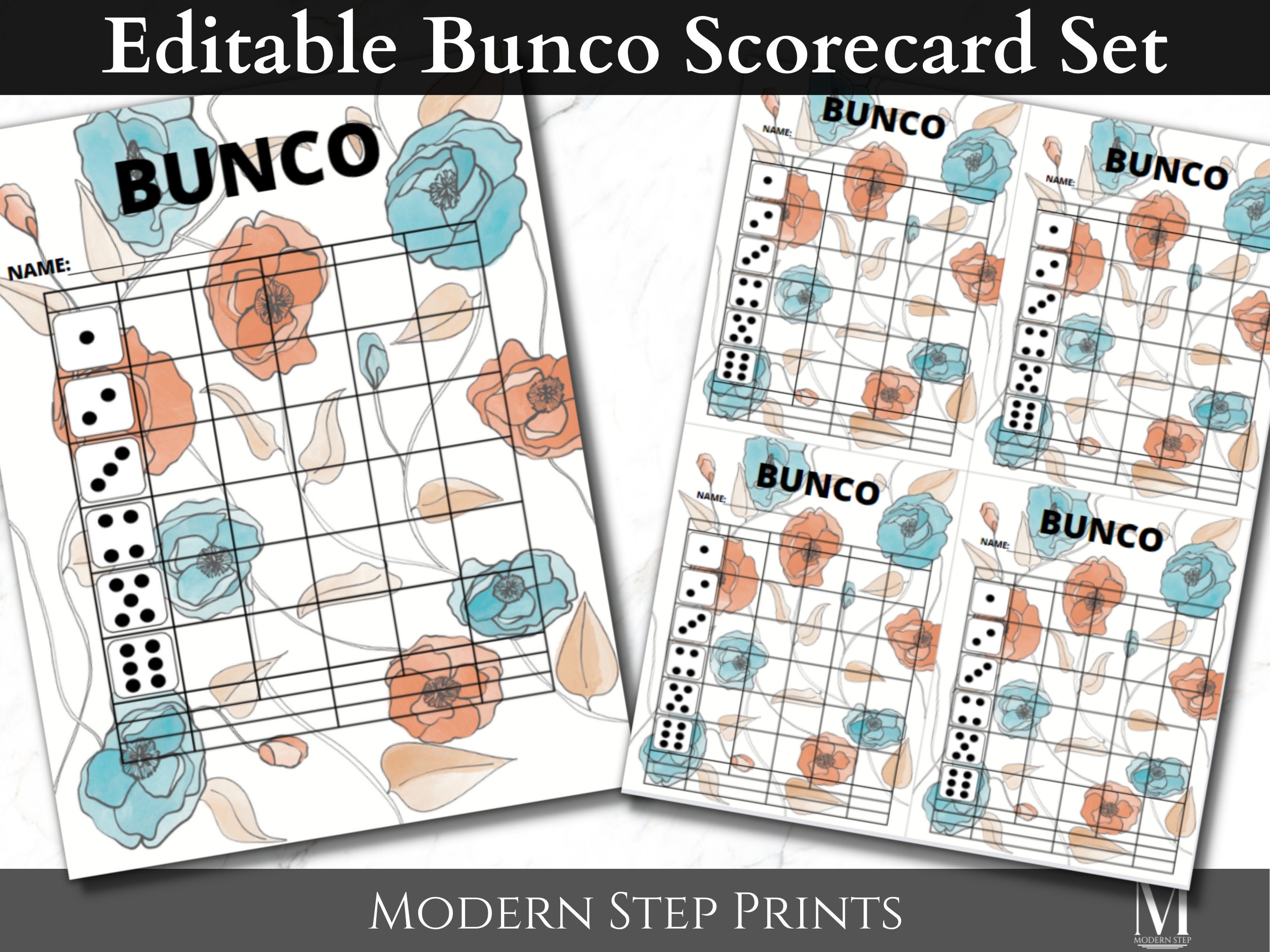 Editable Bunco Score Card, Printable Scoresheet, Blue and Orange Flower ...