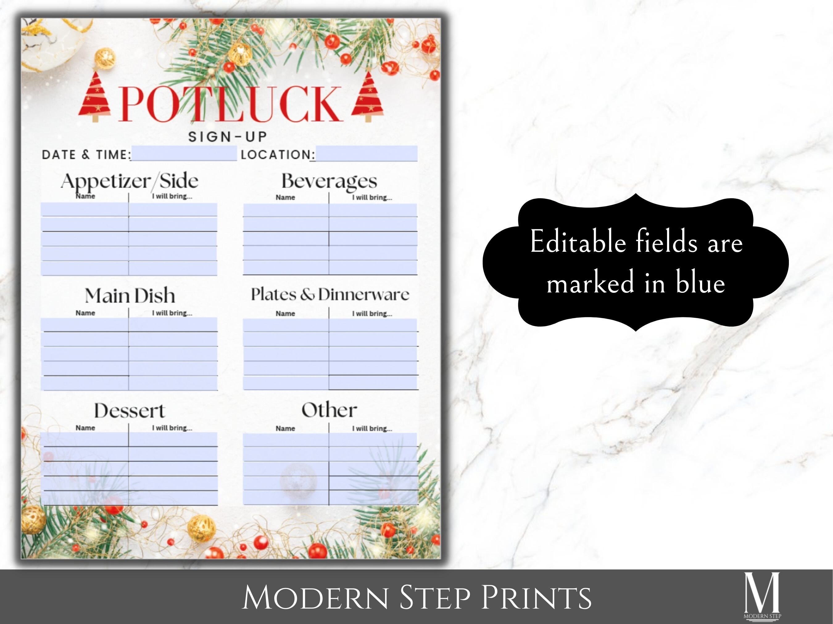 Christmas Potluck Sign up Sheet, Editable & Fillable, PDF, Family ...