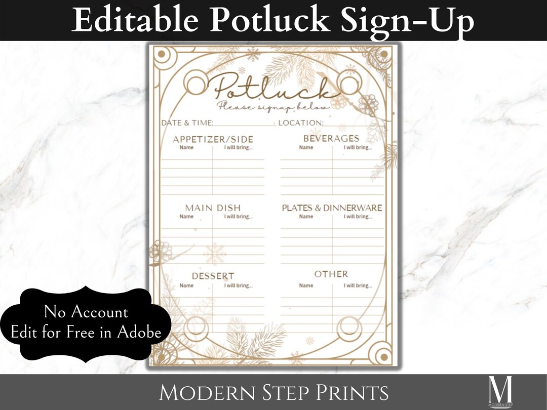 Christmas Potluck Sign up Sheet, Editable & Fillable, PDF, Family ...