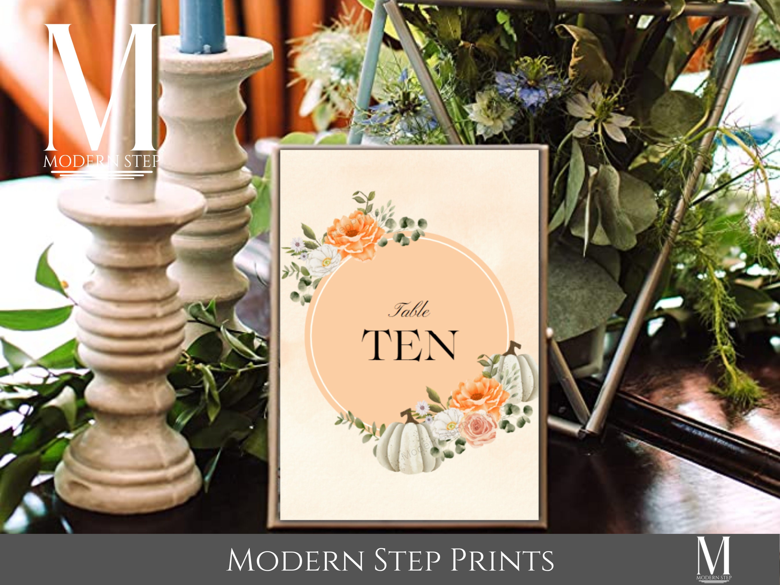 Printable Fall Table Numbers, Pumpkins & Orange Flowers, Autumn, Good ...