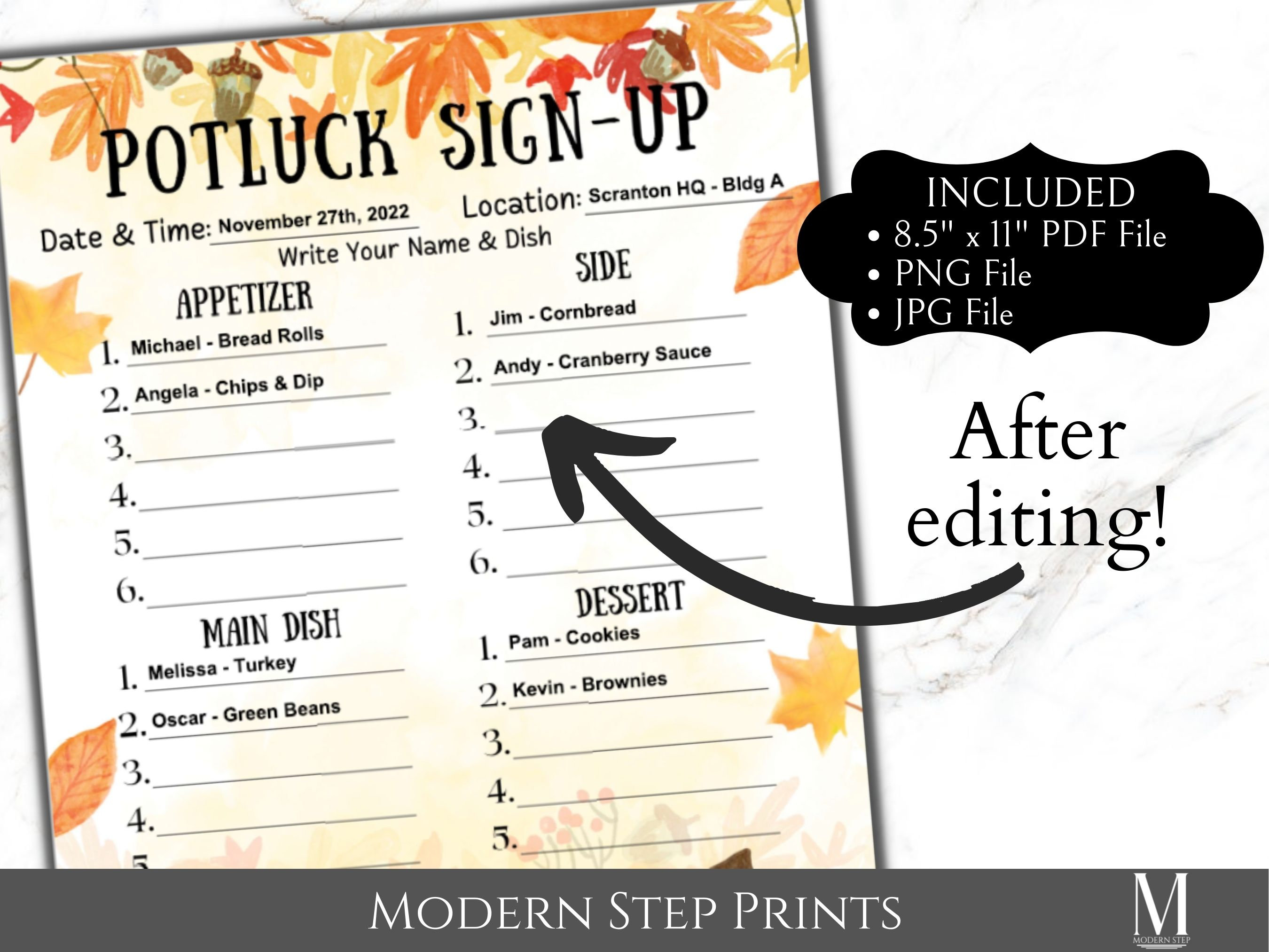 Hoja de registro de Potluck imprimible de Acción de Gracias, editable y ...