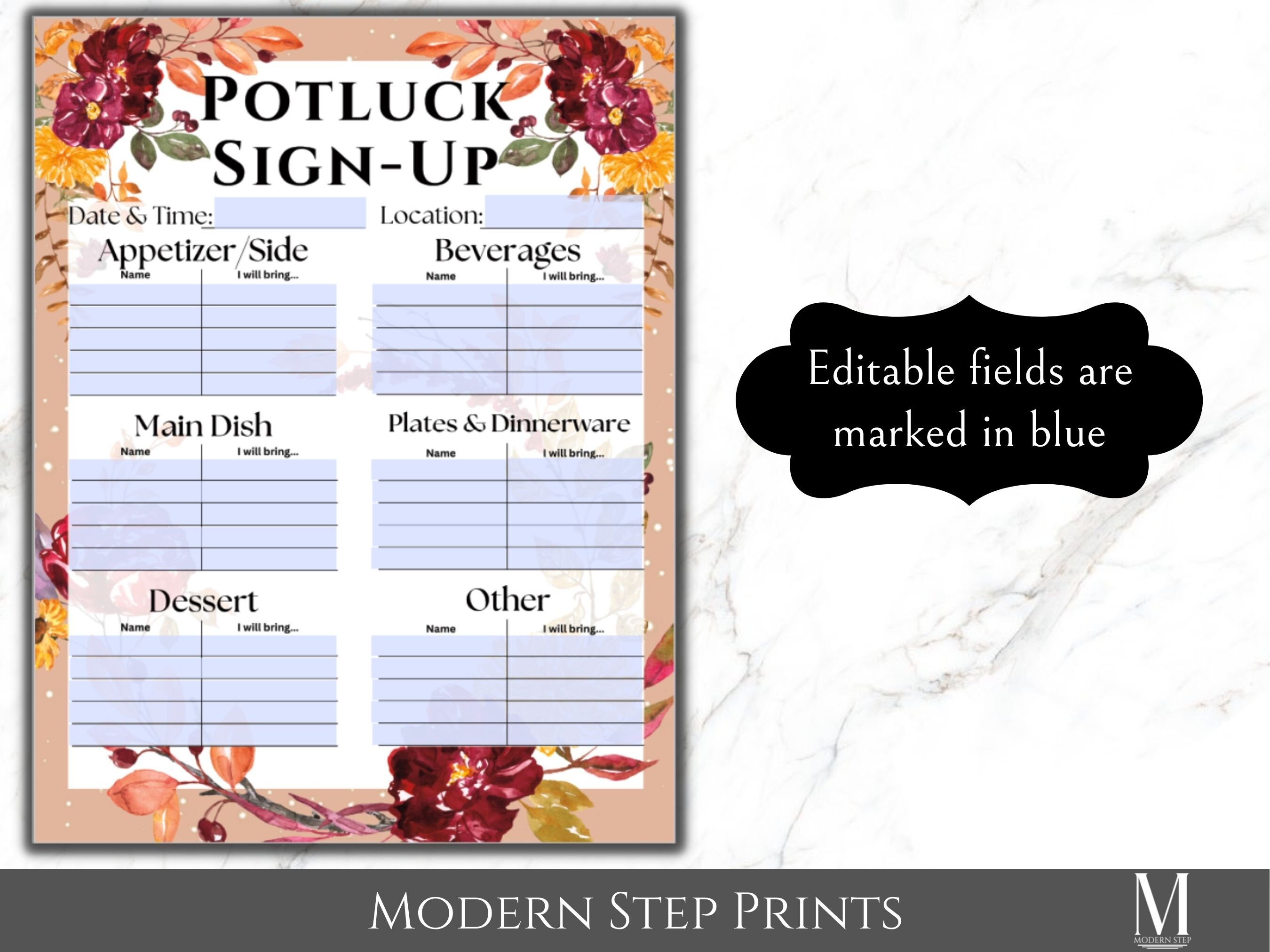 Thanksgiving Potluck Sign up Sheet, Friendsgiving, Editable & Fillable ...