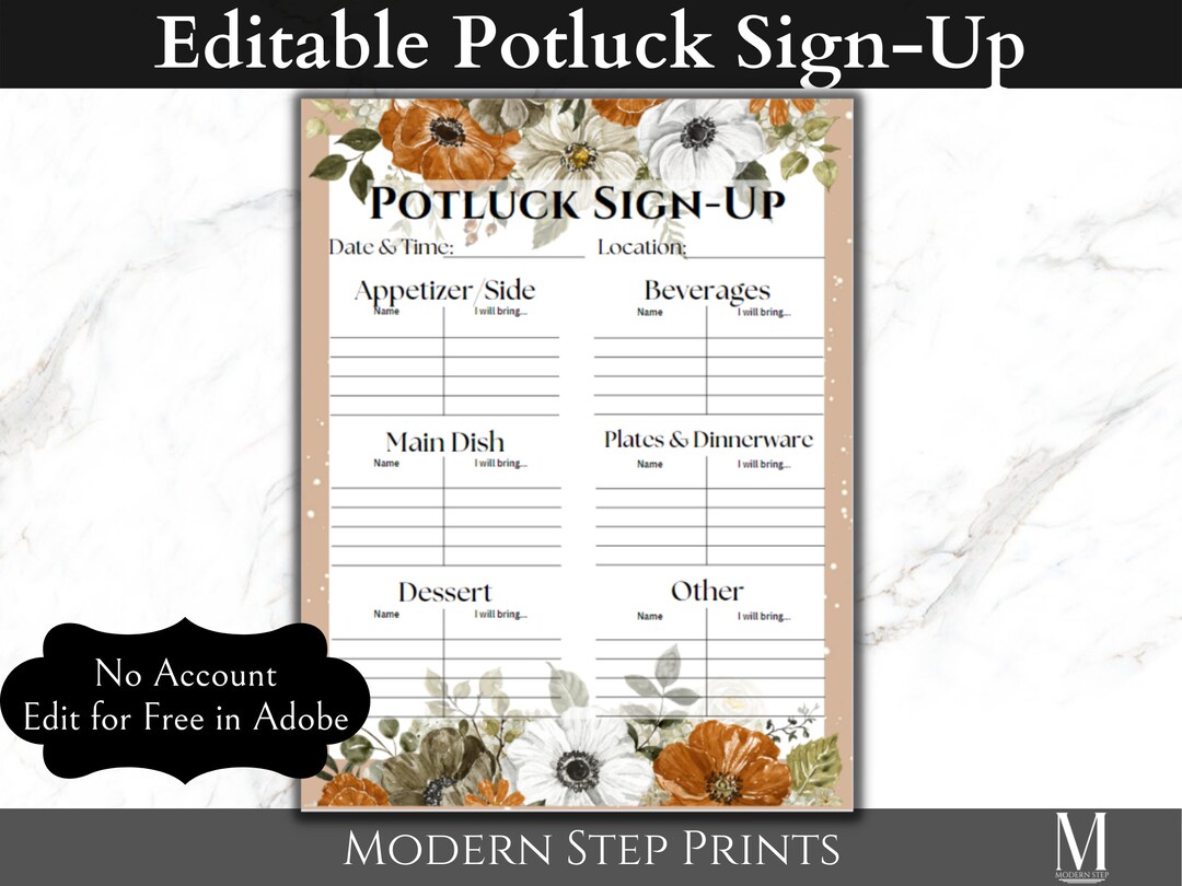 Hoja de registro de Potluck imprimible de Acción de Gracias, editable y ...