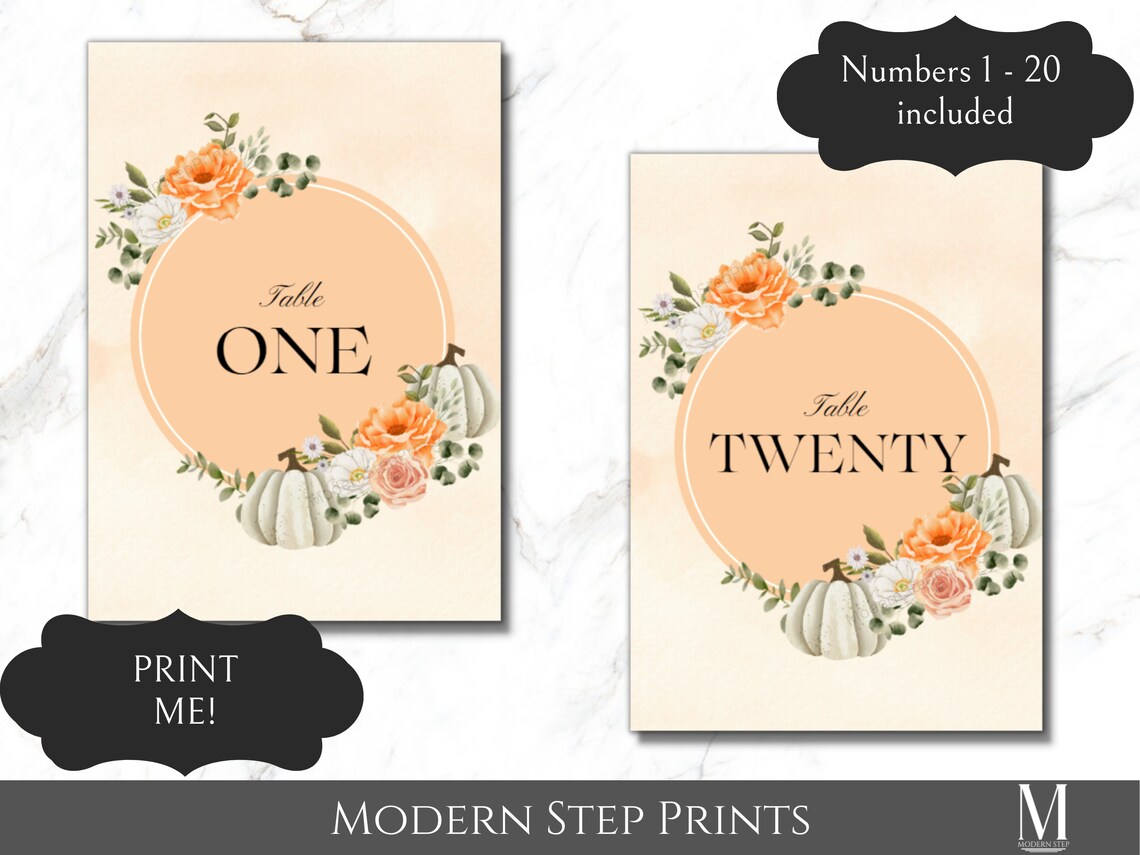 Printable Fall Table Numbers, Pumpkins & Orange Flowers, Autumn, Good ...