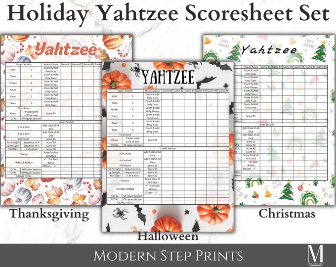 Holiday Yahtzee Score Card Set of 3 | Halloween, Thanksgiving ...