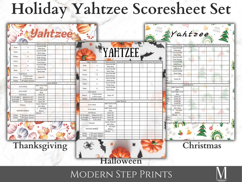 Holiday Yahtzee Score Card Set of 3 | Halloween, Thanksgiving ...