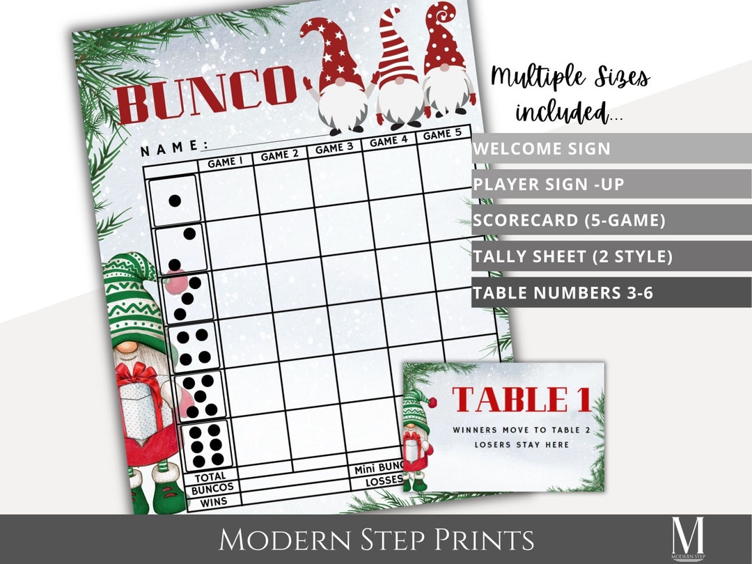 Bunco Christmas Gnomes Package of Score Cards, Tally Sheets, Winter ...