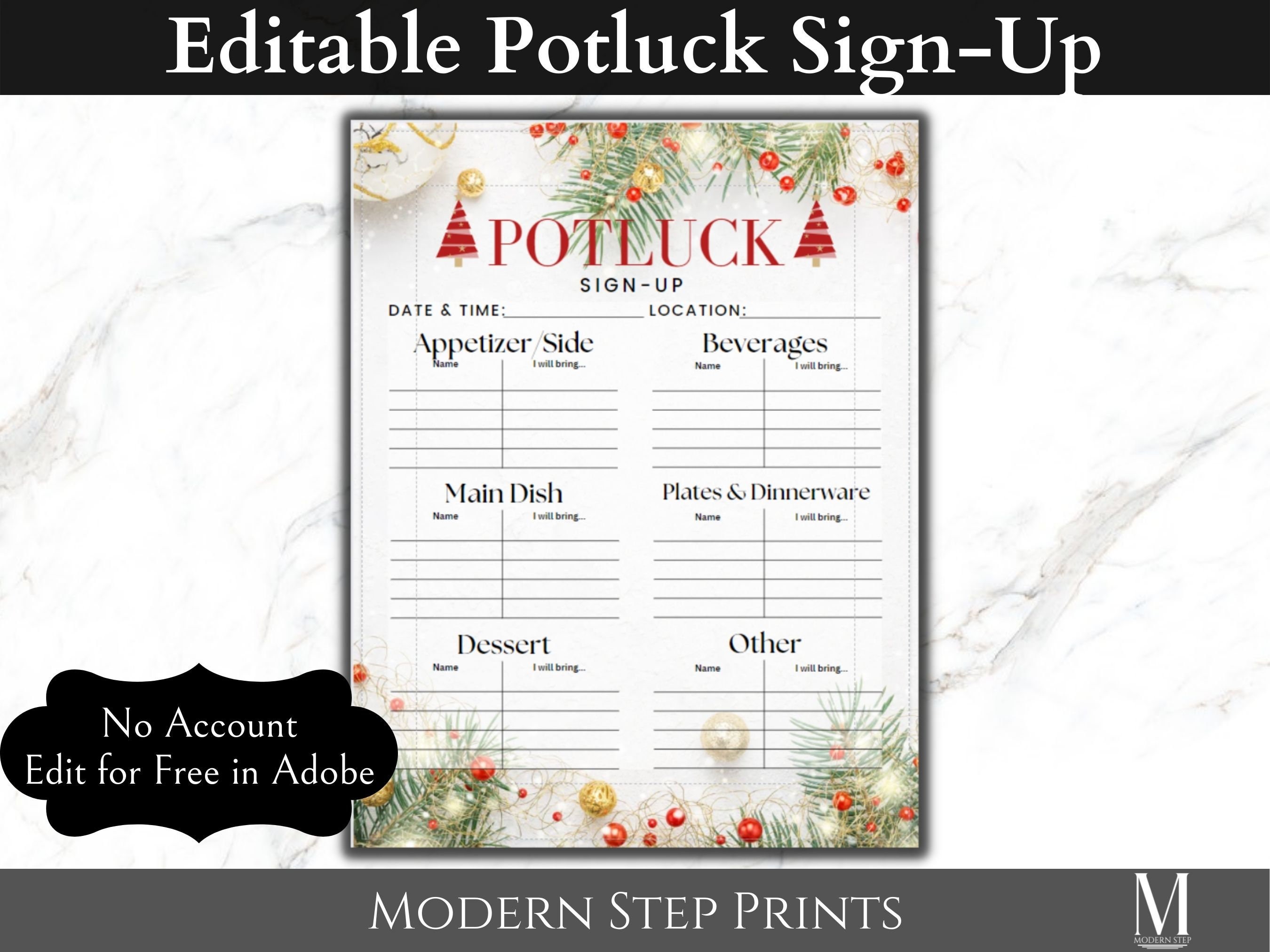 Christmas Potluck Sign up Sheet, Editable & Fillable, PDF, Family ...