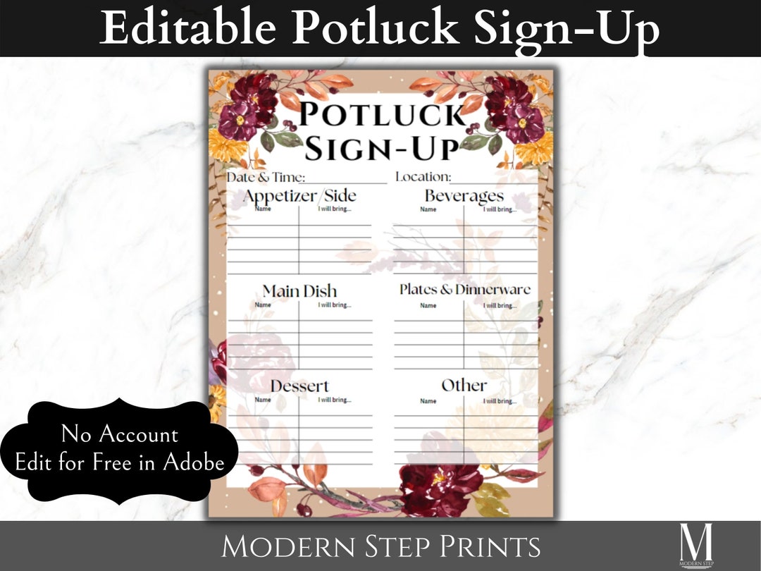 Thanksgiving Potluck Sign up Sheet, Friendsgiving, Editable & Fillable ...