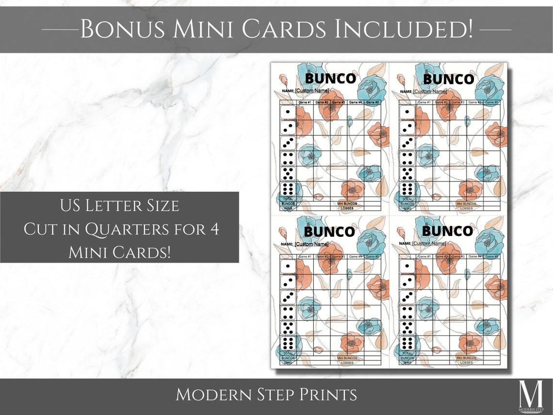 Editable Bunco Score Card, Printable Scoresheet, Blue and Orange Flower ...