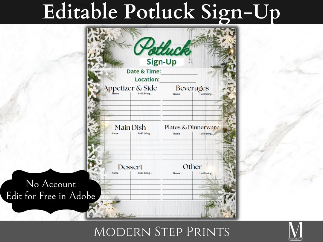 Christmas Potluck Sign up Sheet, Editable & Fillable, PDF, Family ...