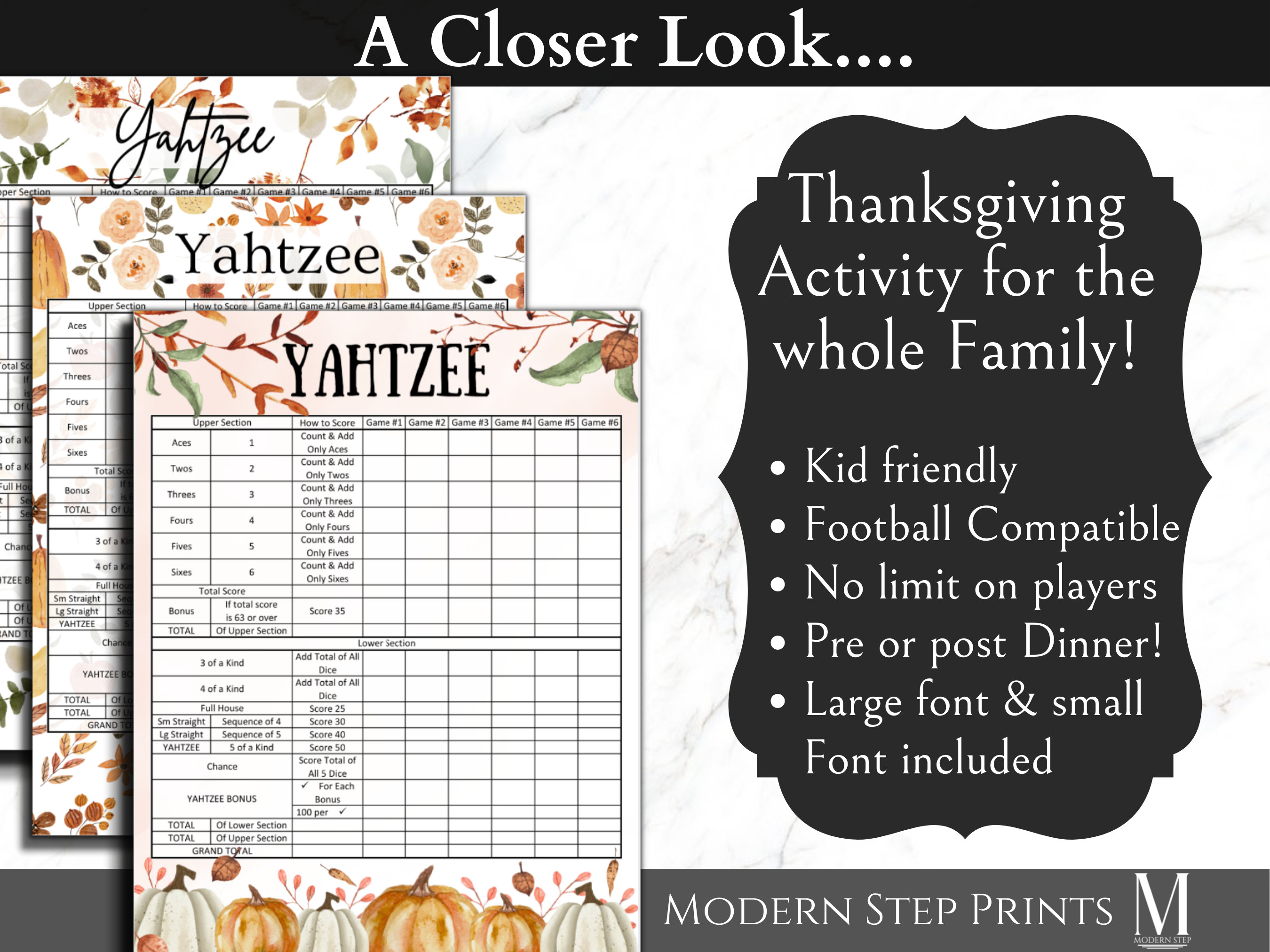 Fall Yahtzee Score Card Set of 3 Thanksgiving Activity Game October ...