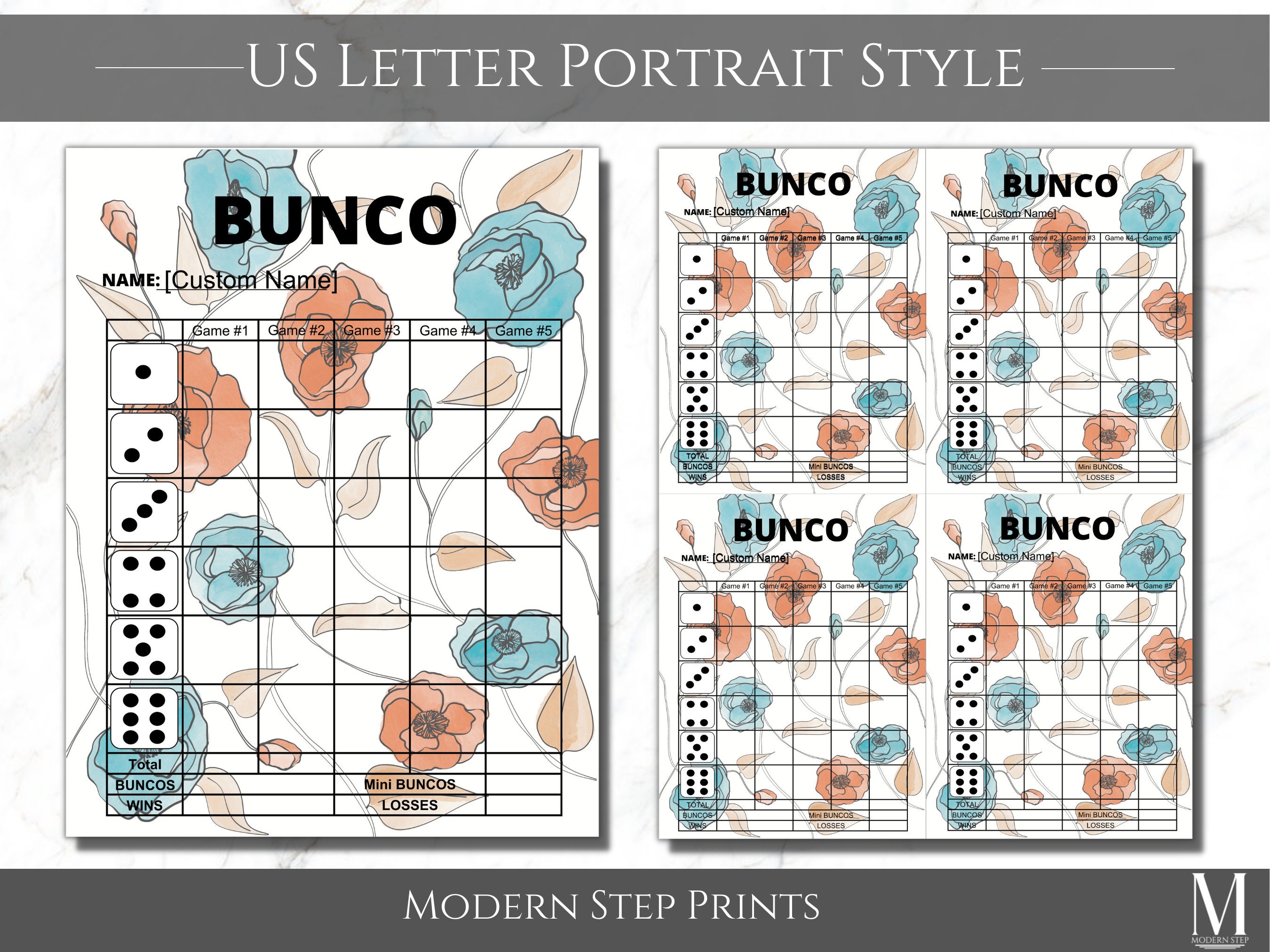 Editable Bunco Score Card, Printable Scoresheet, Blue and Orange Flower ...