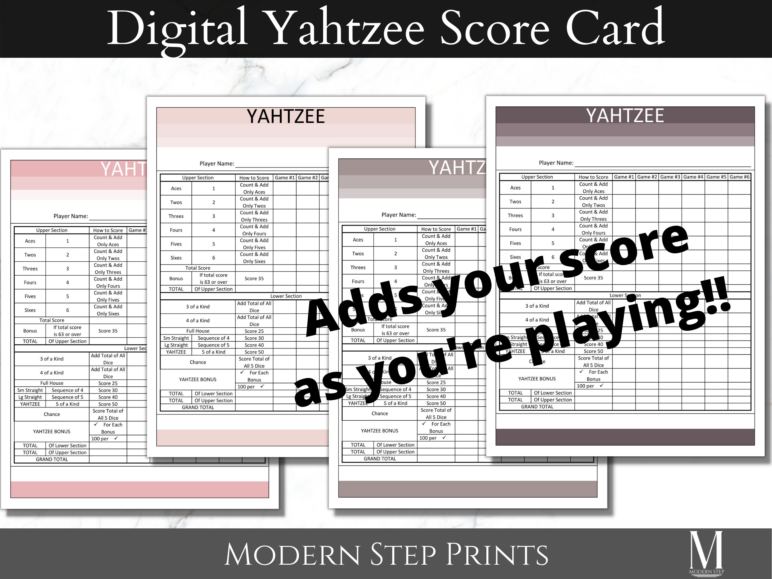 Digital Yahtzee Score Card, Smart Dice Game Scoresheet, Digital ...