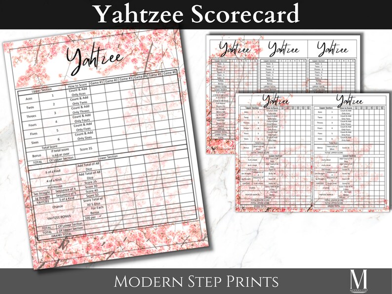 Printable Yahtzee Score Card Cherry Blossom Flower Set | Yahtzee Score ...
