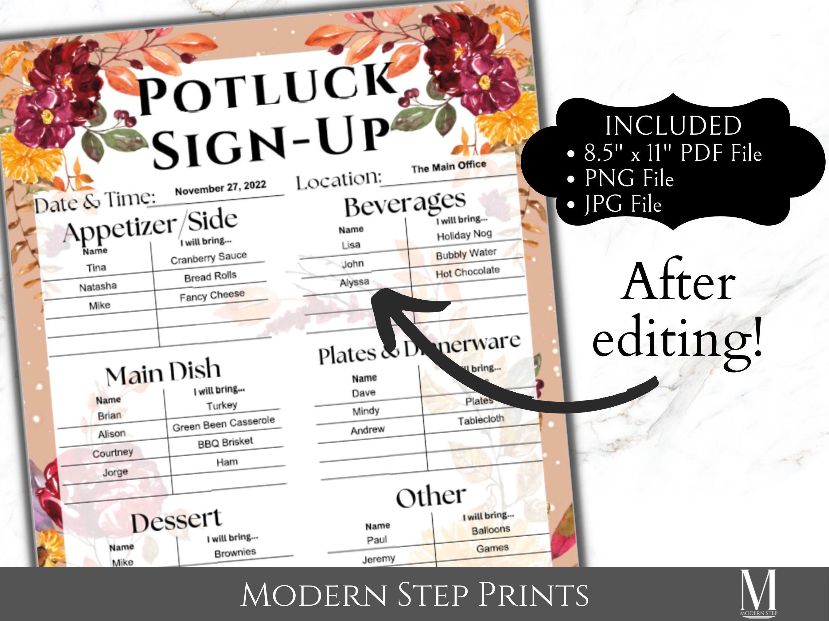 Thanksgiving Potluck Sign up Sheet, Friendsgiving, Editable & Fillable ...