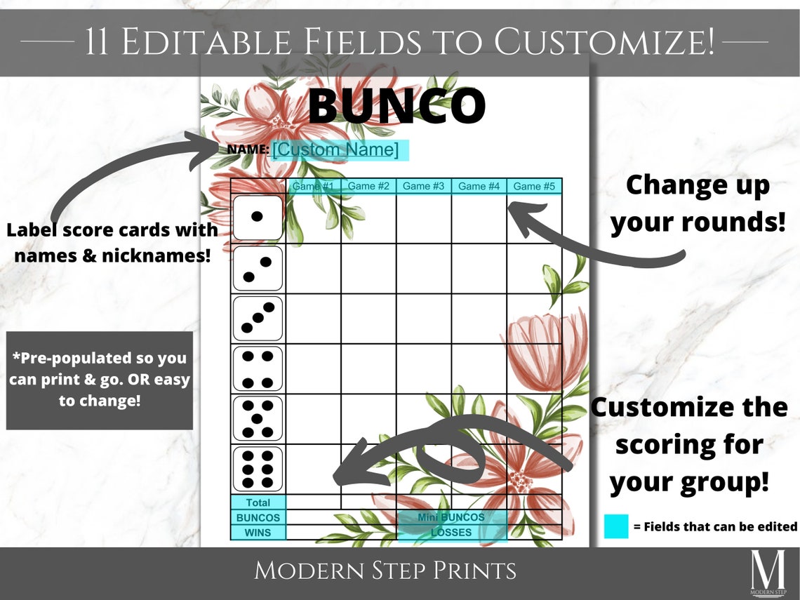 Editable Bunco Score Card Watercolor Flower Scorepad Bunco - Etsy
