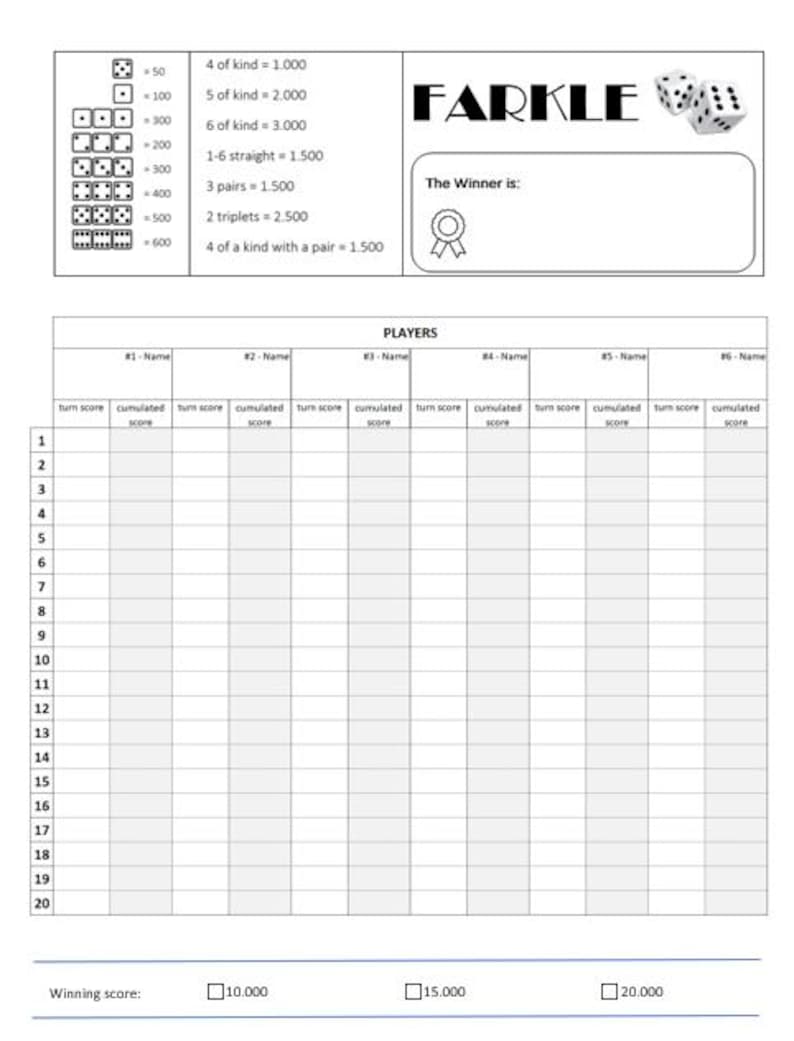 Farkle Score Sheet: Family Dice Game Printable (instant Download) - Etsy