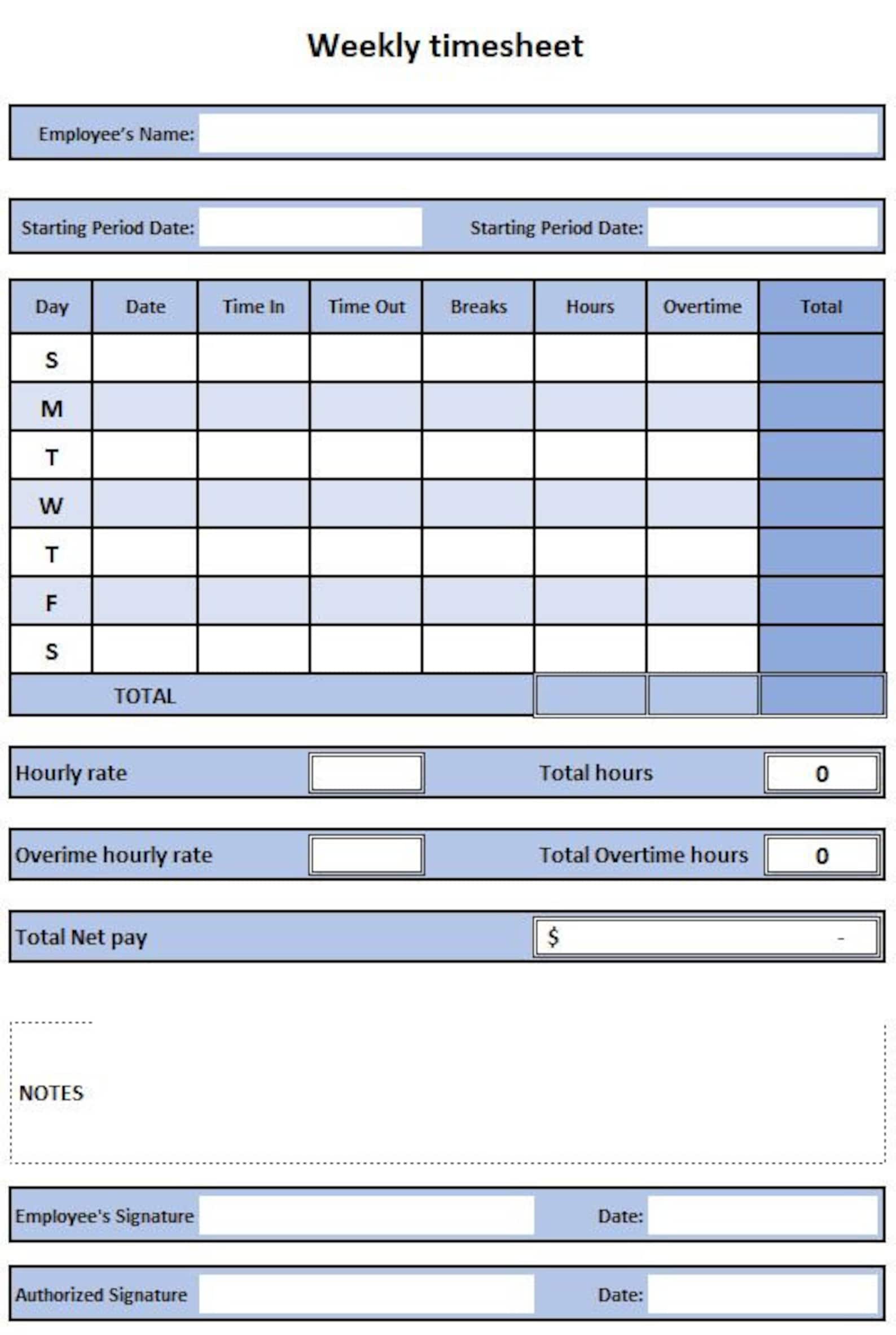 Weekly Employee Timesheet: Excel Template (digital Download) - Etsy