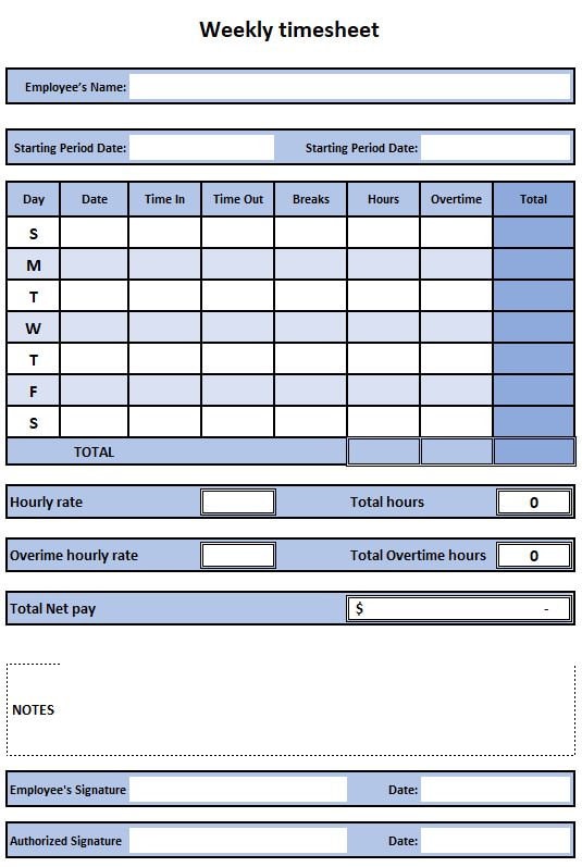Employees Weekly Time Sheet | Excel Template | Payroll Calculation ...