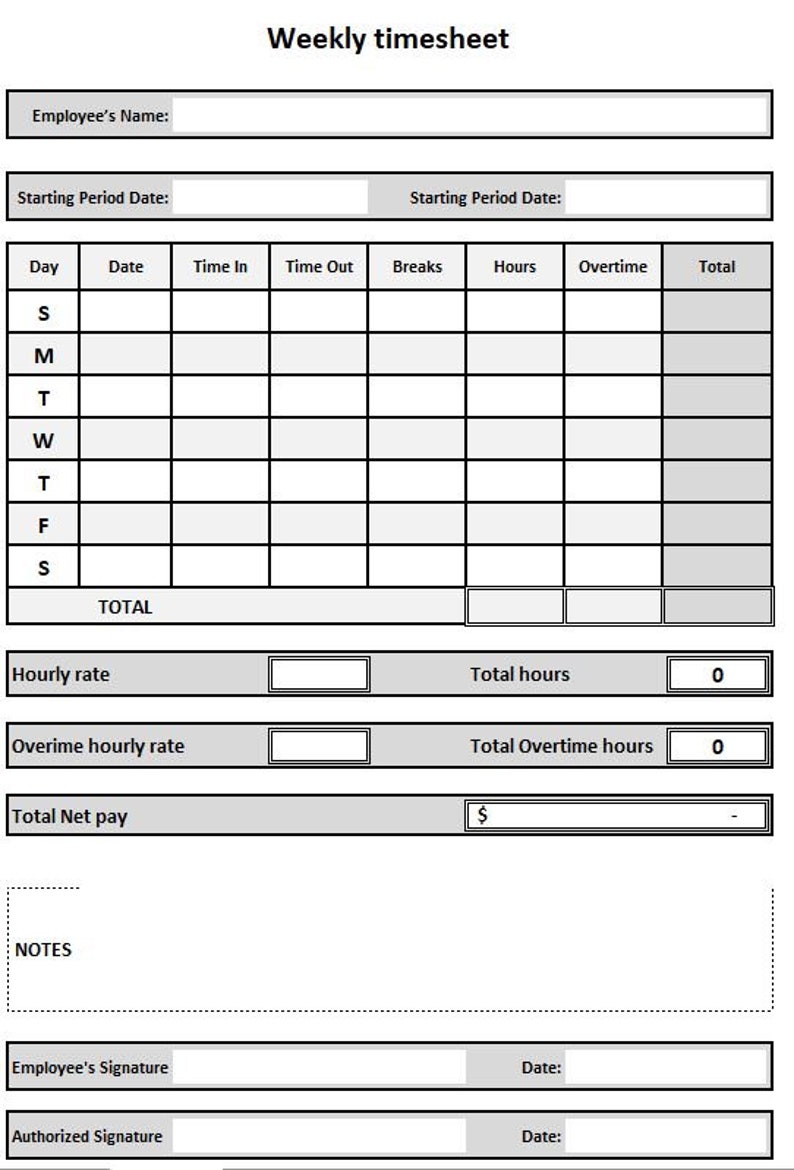 Weekly Employee Timesheet: Excel Template (digital Download) - Etsy UK