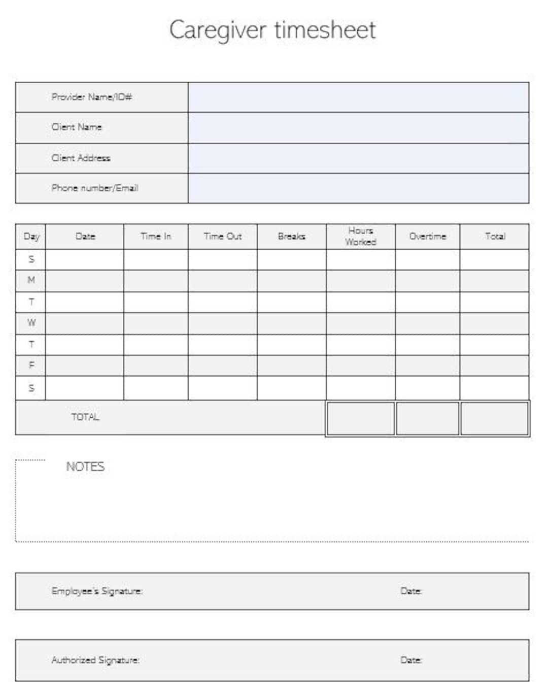 Weekly Caregiver Timesheet: Printable In-home Care Log (instant ...