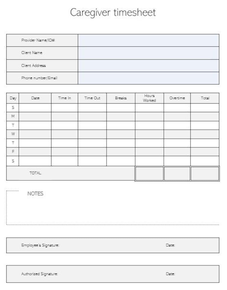 Weekly Caregiver Timesheet: Printable In-home Care Log (instant ...