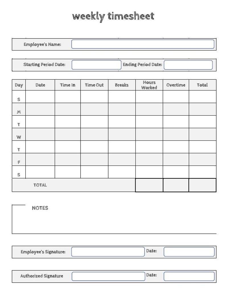 Printable Weekly Timesheet Template: Employee Time Tracking (PDF & DOCX ...
