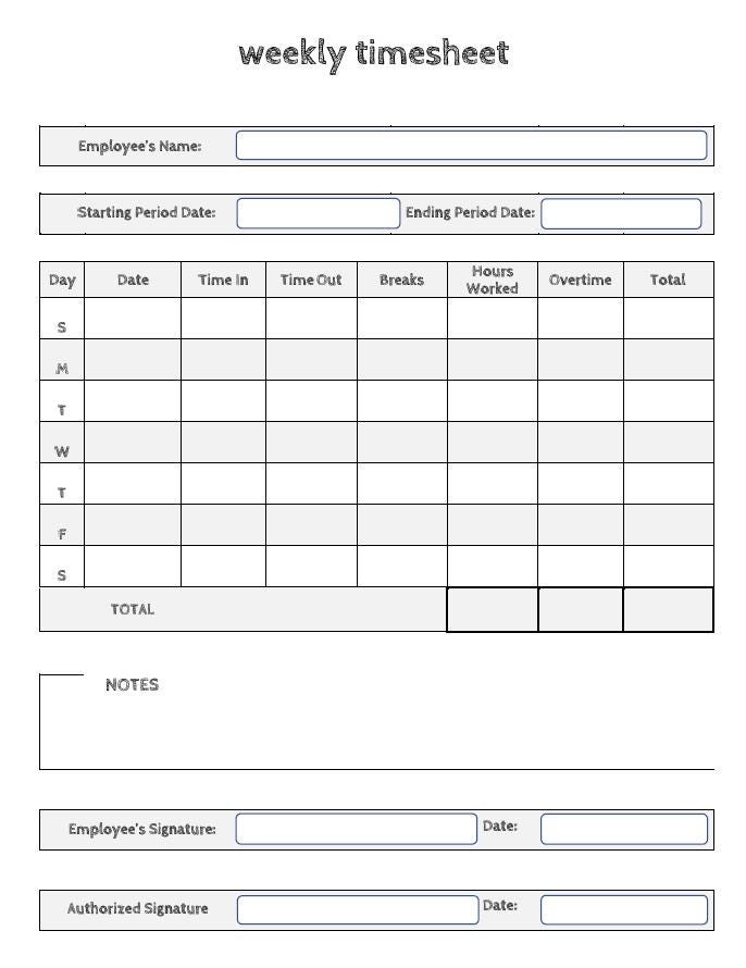 Printable Weekly Timesheet Template: Employee Time Tracking (PDF & DOCX ...