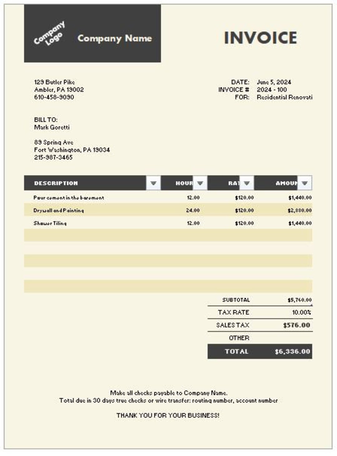 Service Invoice Excel Template: Printable Business Spreadsheet (instant ...