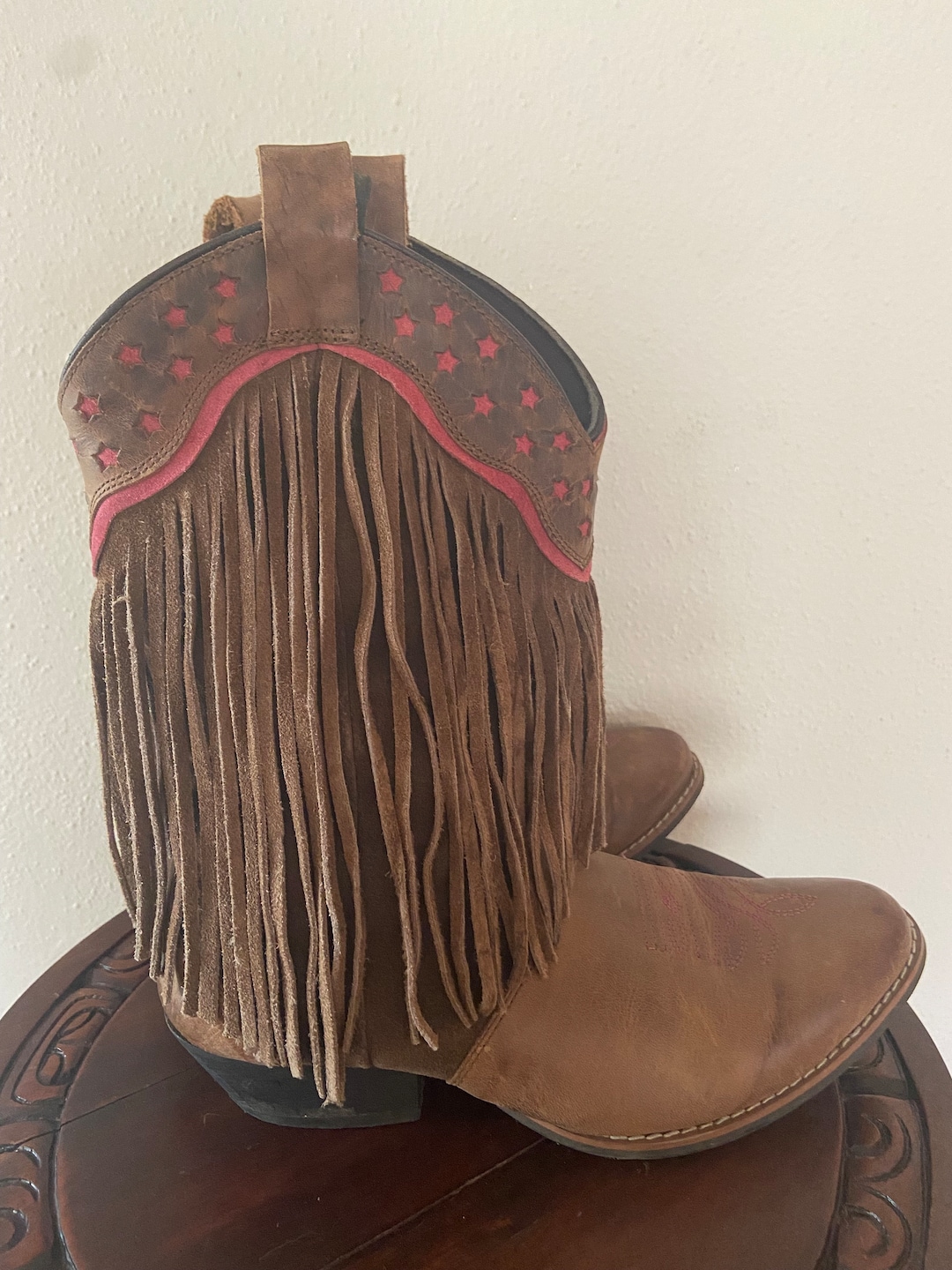 Genuine Leather Cowgirl Boot With Red Stars and Long Fringe - Etsy