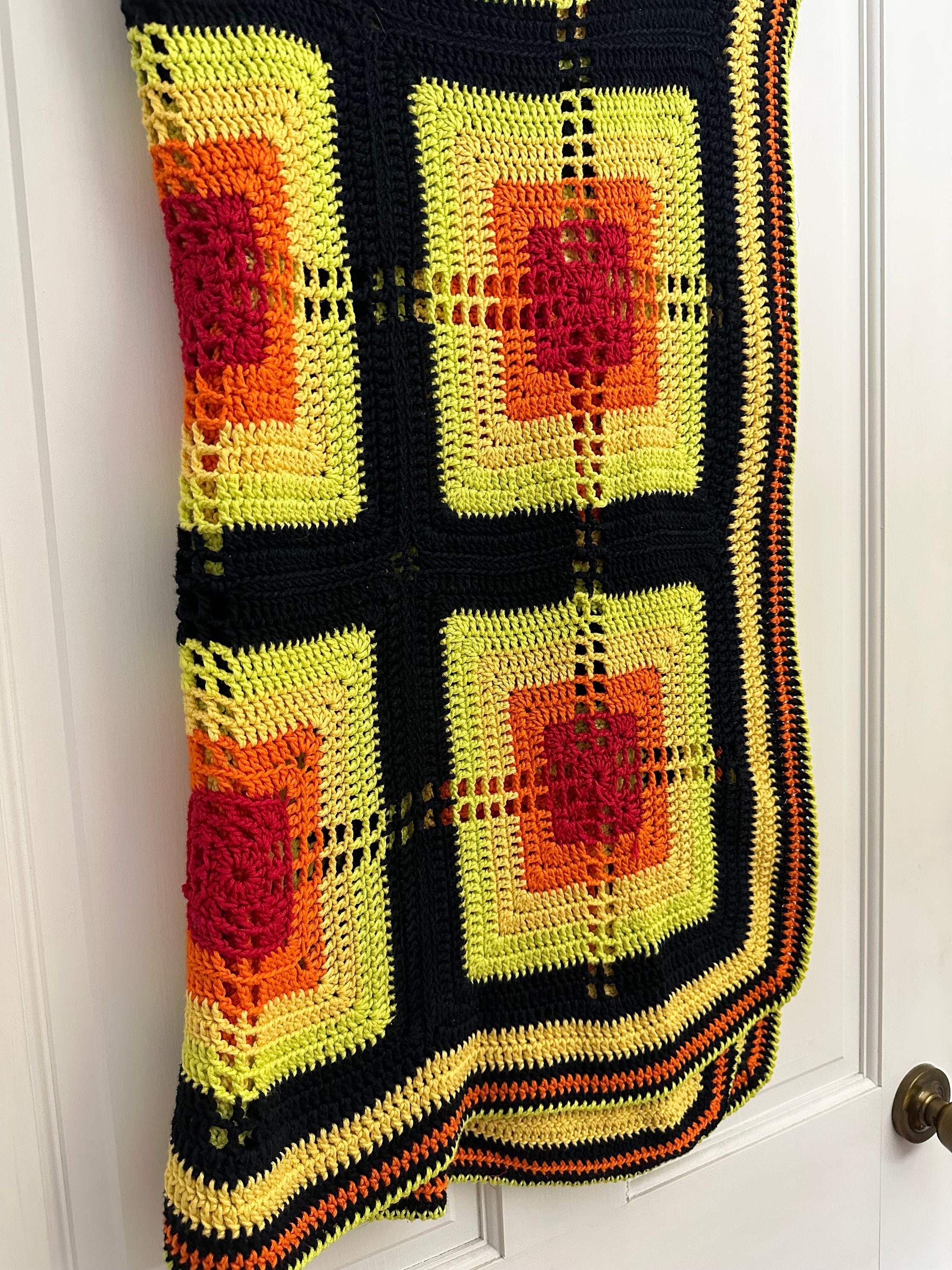 Vintage Crochet Throw Blanket, Multicolored Checkered Retro Boho Throw ...