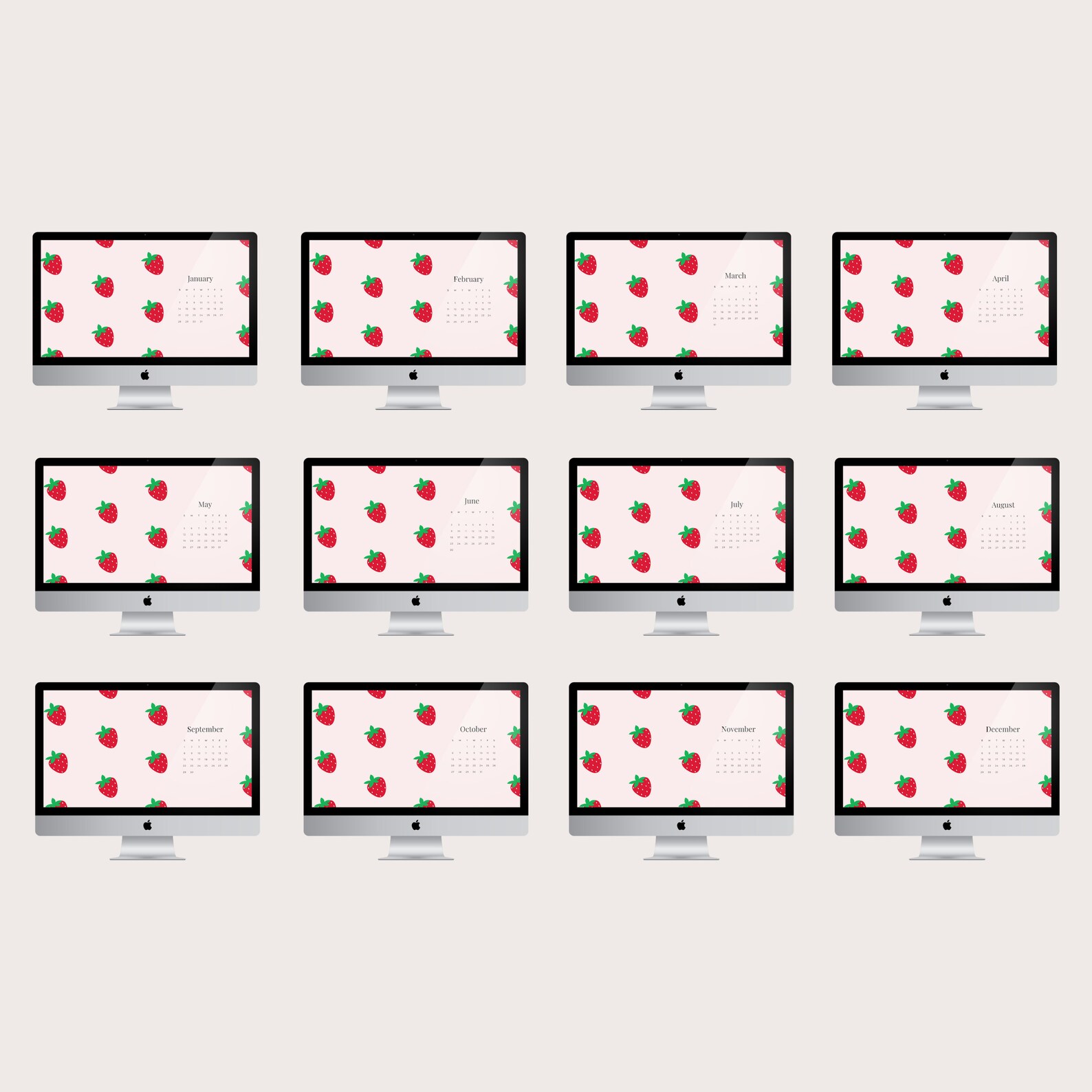 2024 Strawberry Monthly Desktop Calendar Wallpaper, Pink Computer ...