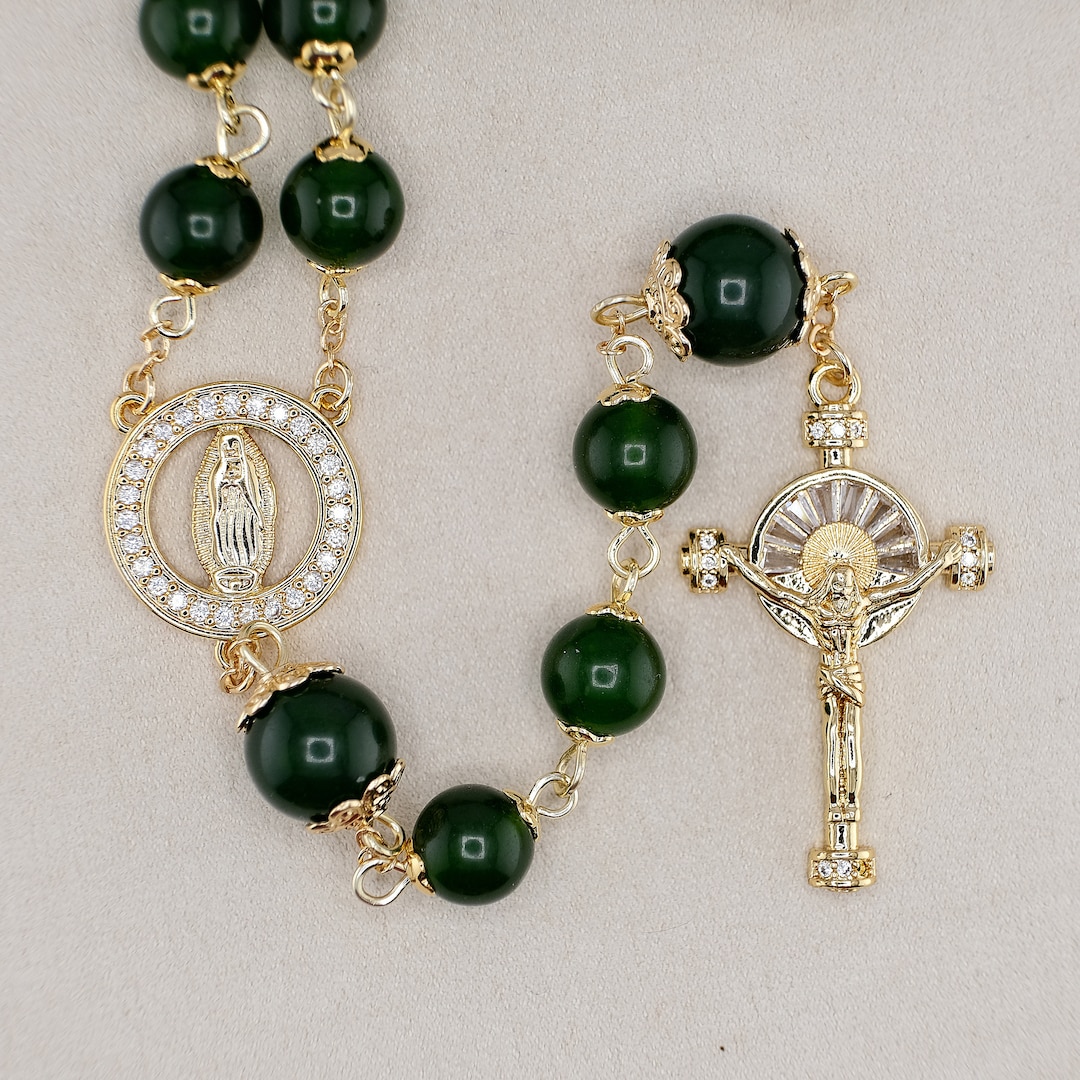 Jade Stone Rosary W/ 14K Gold Plated Findings - Catholic Immaculate ...