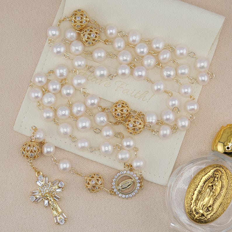 Freshwater Pearl Catholic Rosary With 14K Gold Plated Findings - Gift ...