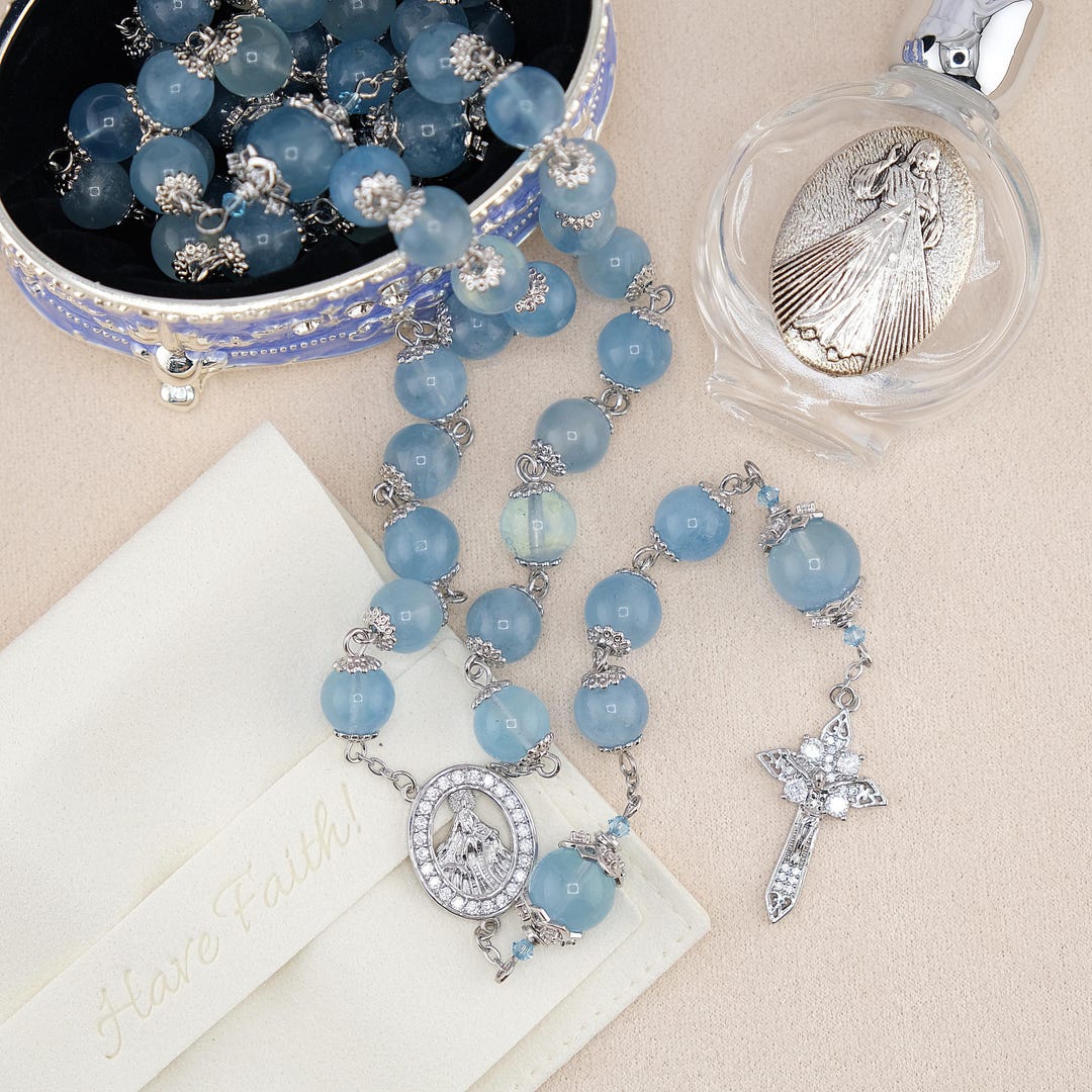Large Blue Aquamarine Heirloom Catholic Rosary With Rhodium Plated ...
