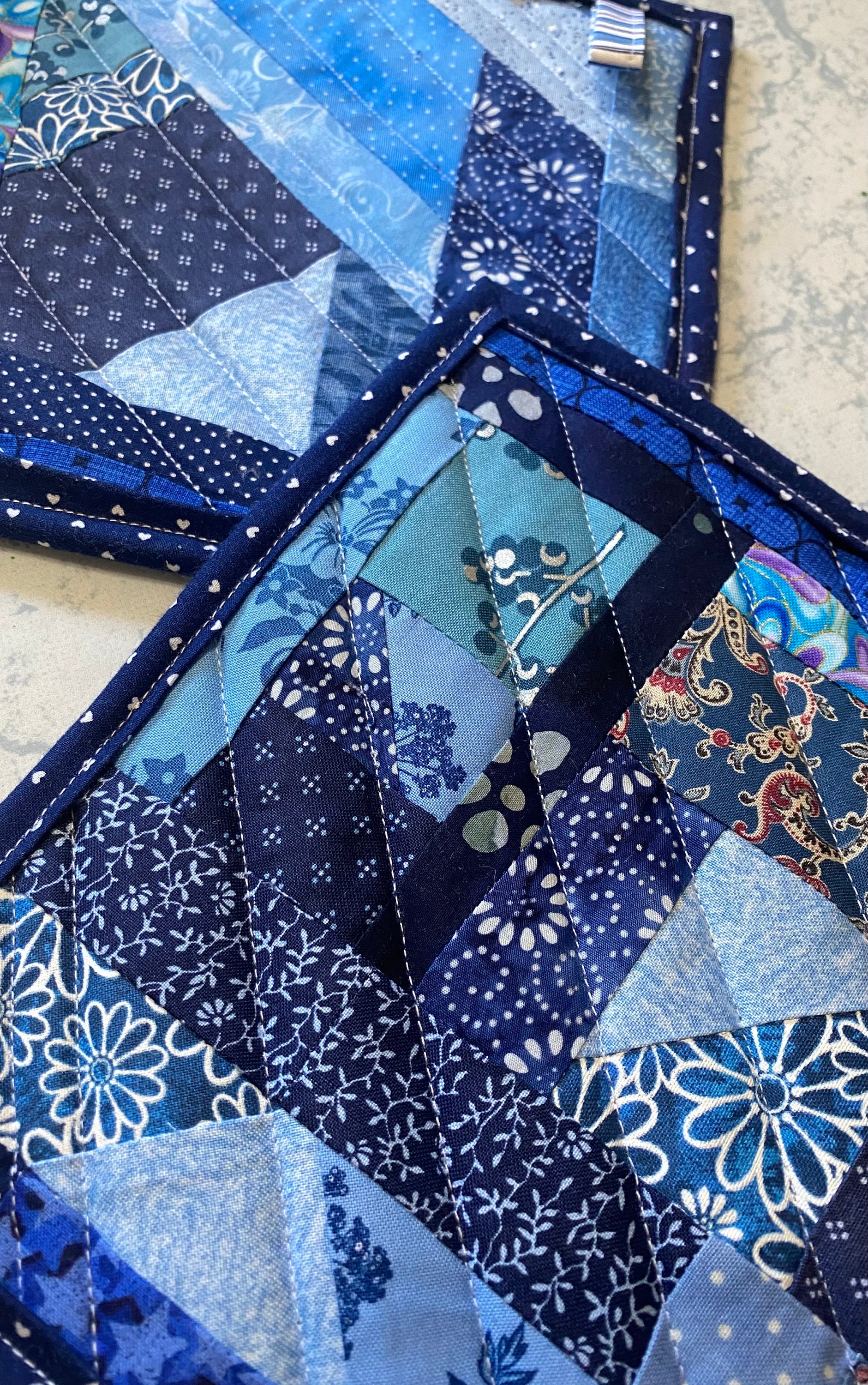 Blue Scrappy Stripes Potholder, Set of 2 Quilted Patchwork Pot Holder ...