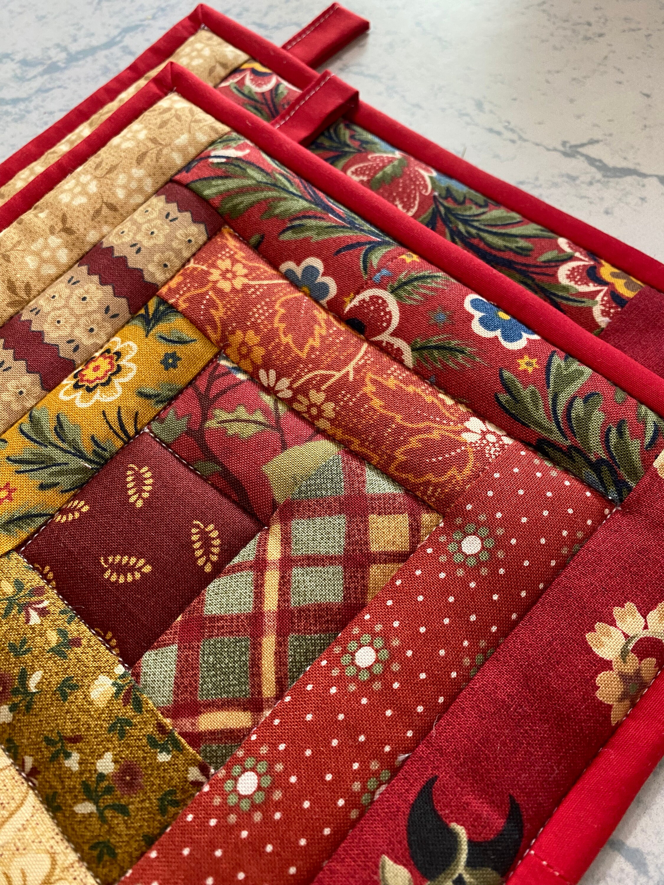 Vintage Themed Log Cabin Potholders, Set of 2 Quilted Scrappy Patchwork ...