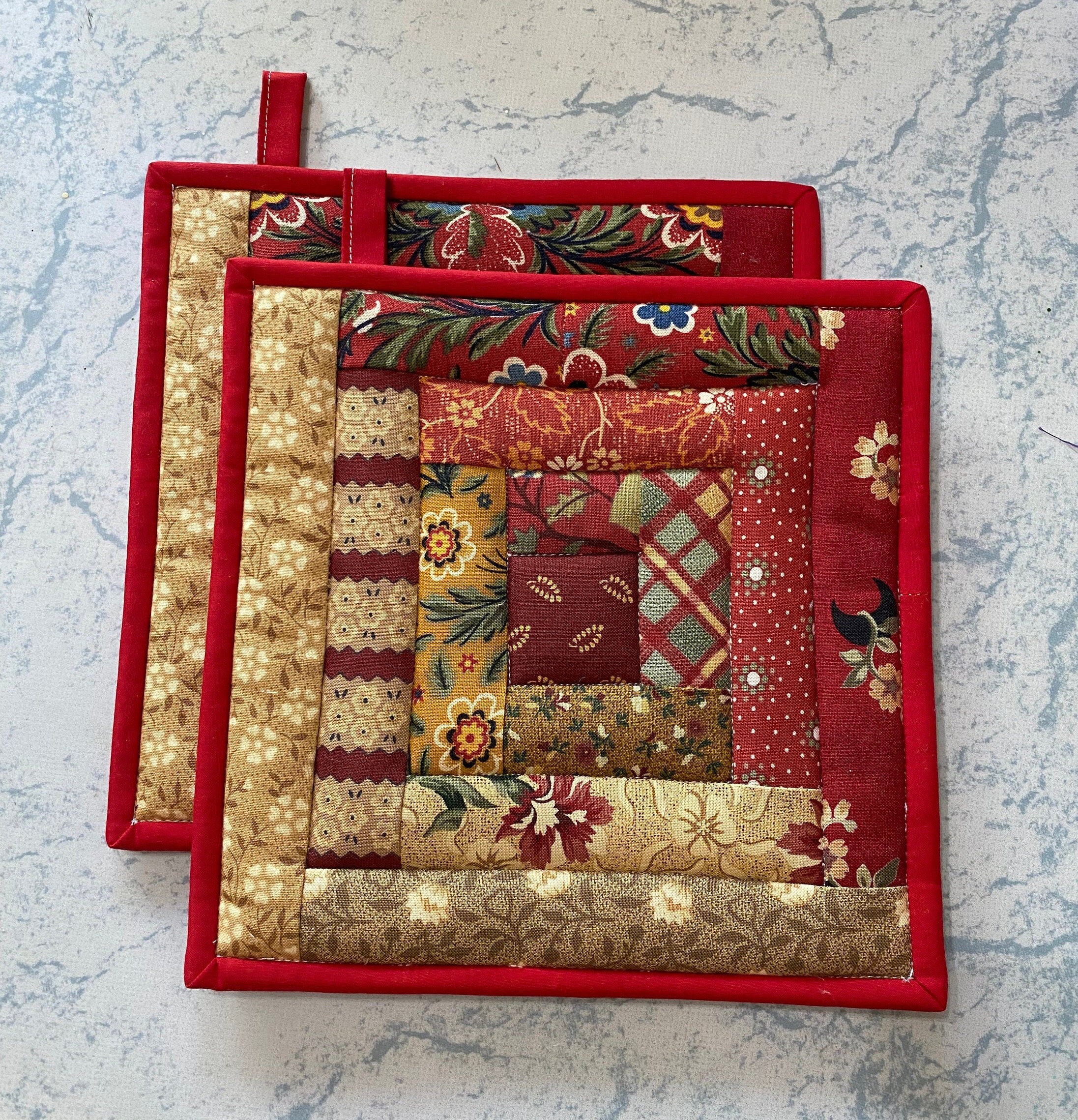 Vintage Themed Log Cabin Potholders, Set of 2 Quilted Scrappy Patchwork ...