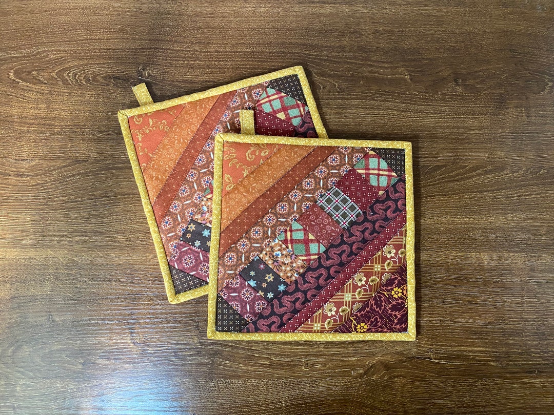 Rustic Themed Scrappy Stripes Potholder, Set of 2 Quilted Patchwork Pot ...