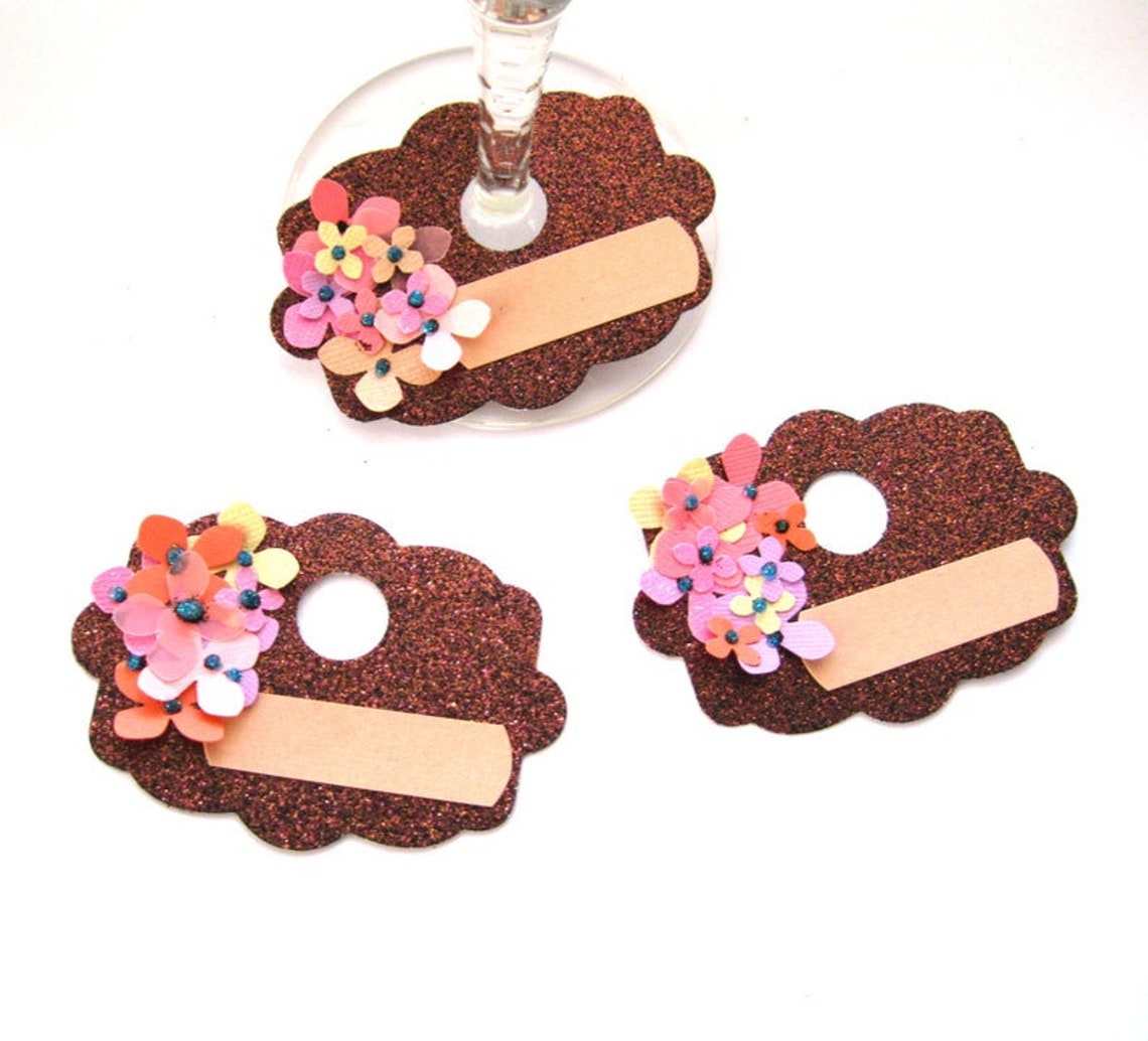 10 or 20 Cocoa Glitter and Pink Flowers Wineglass Markers With Paper ...